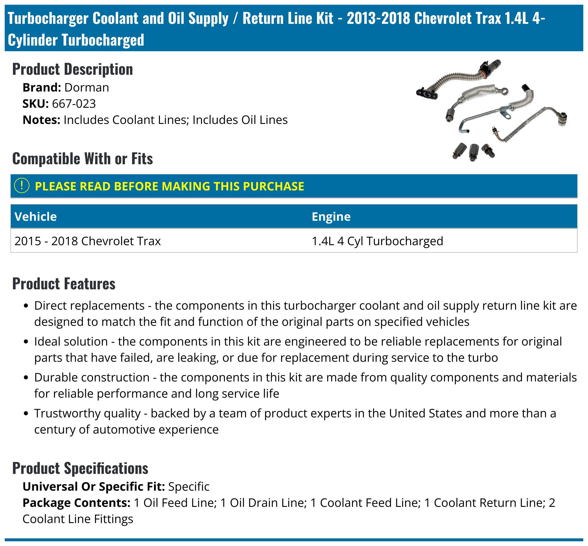 2013-2021 Chevrolet Trax Turbocharger Coolant Line - Dorman 667-023 ...