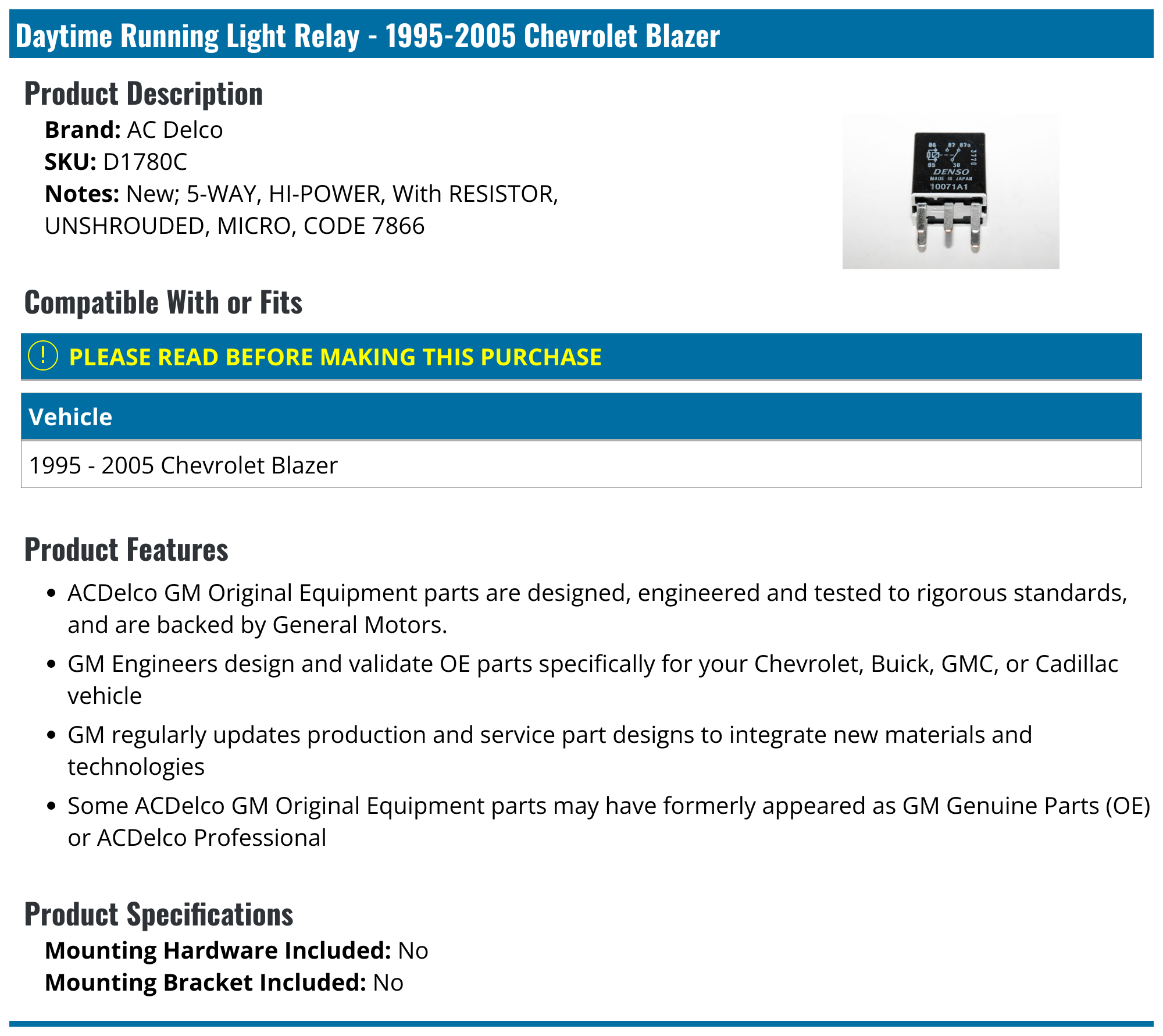 1995-2005 Chevrolet Blazer Daytime Running Light Relay - AC Delco ...