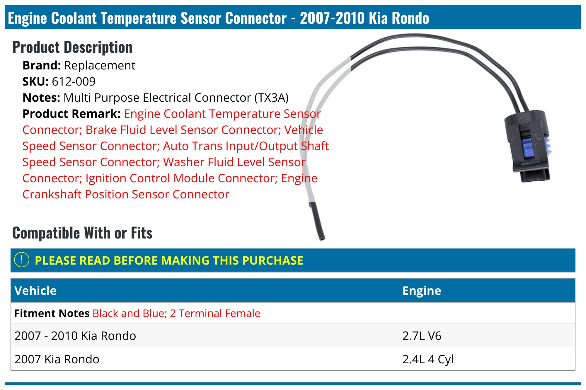 2007-2010 Kia Rondo Engine Coolant Temperature Sensor Connector ...