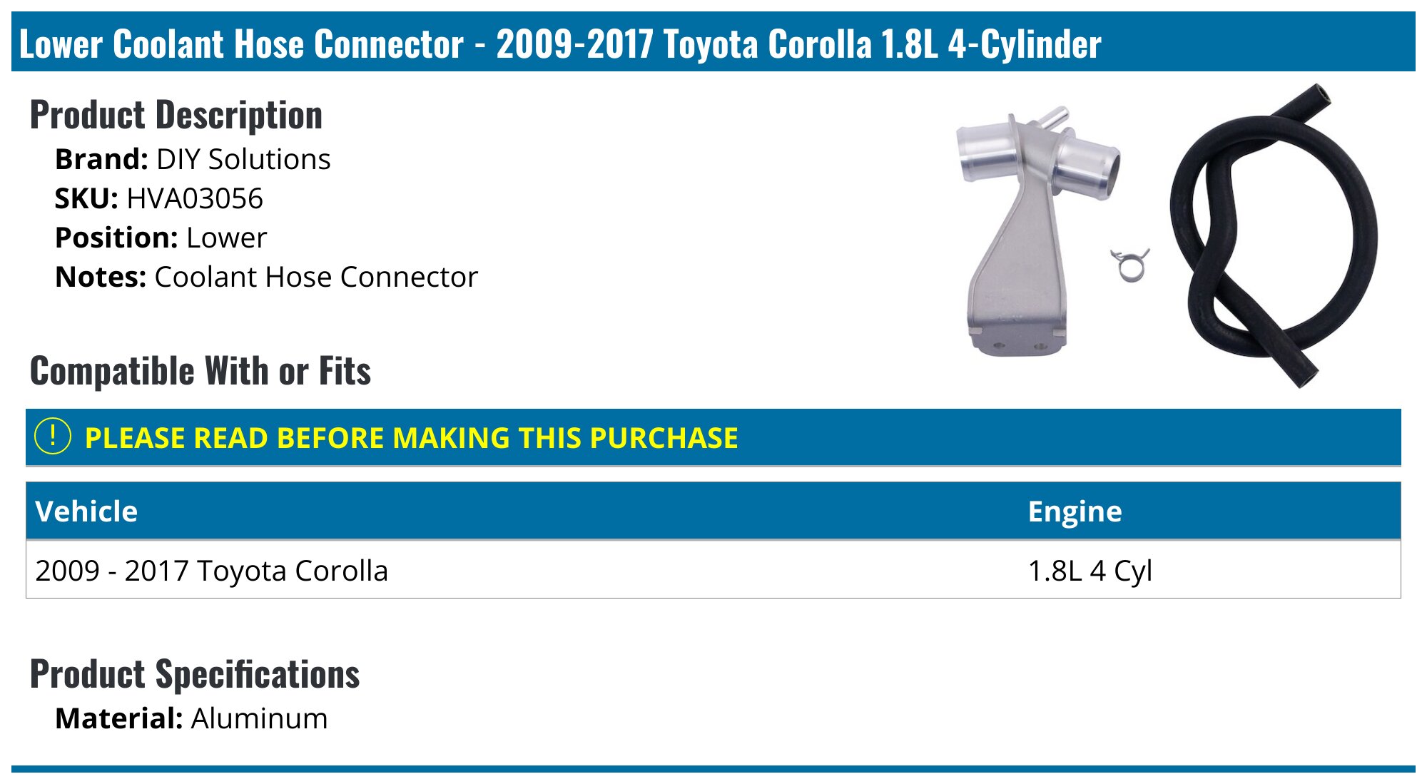 2009-2017 Toyota Corolla Coolant Hose Connector - DIY Solutions ...