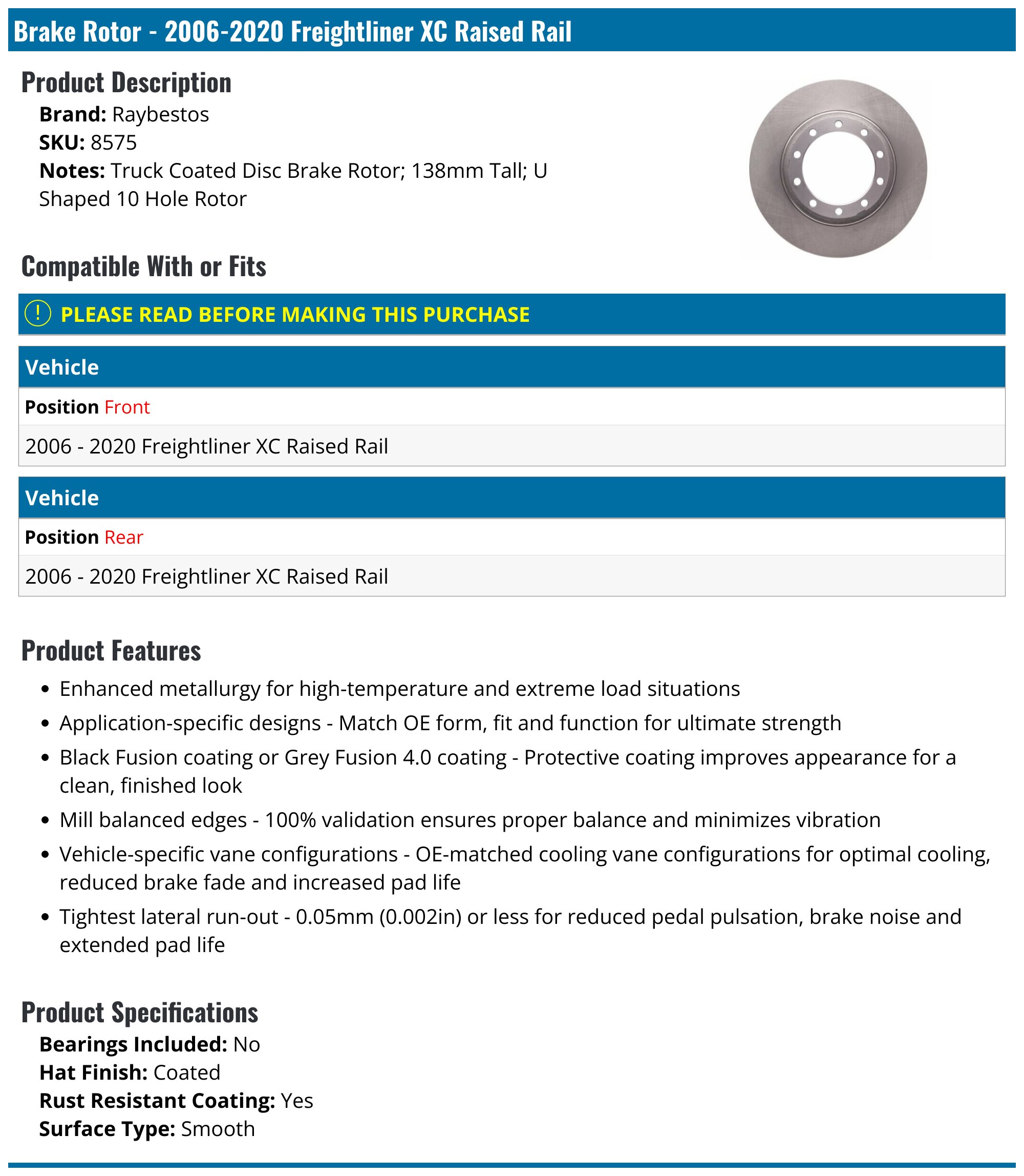 2006-2020 Freightliner XC Raised Rail Brake Rotor - Raybestos 8575 ...