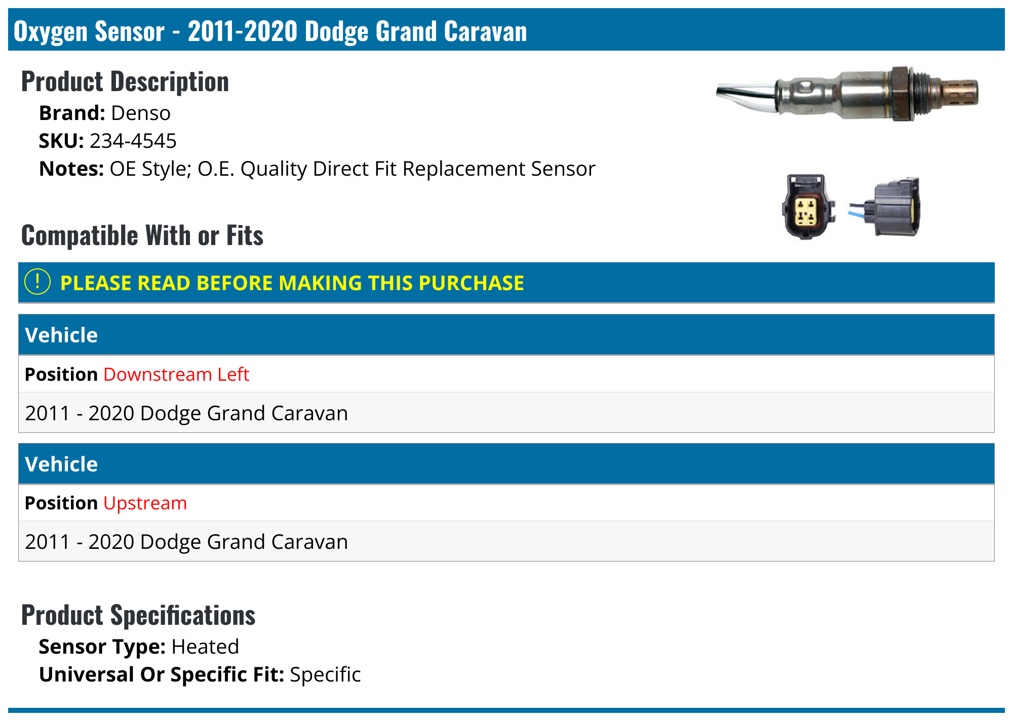 2011-2020 Dodge Grand Caravan Oxygen Sensor - Denso 234-4545 - Upstream ...