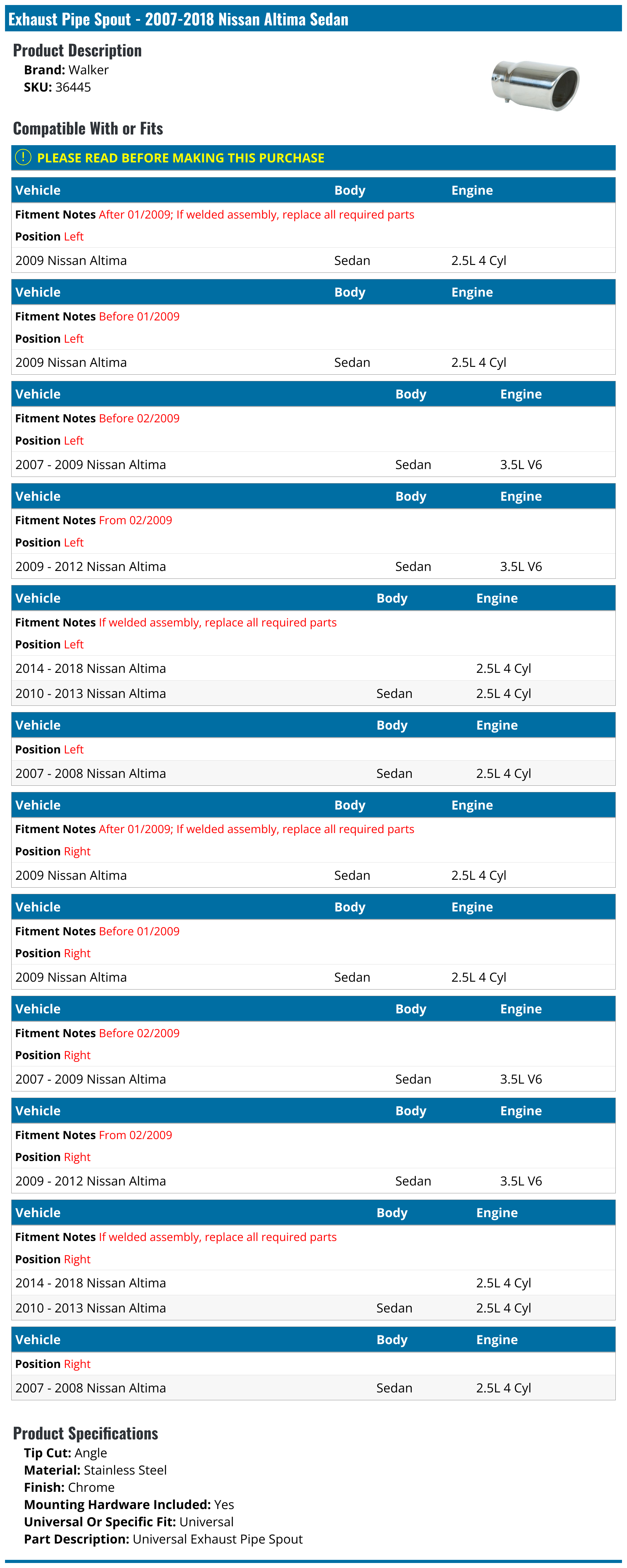 2007-2018 Nissan Altima Exhaust Pipe Spout - Walker 36445 - Right ...