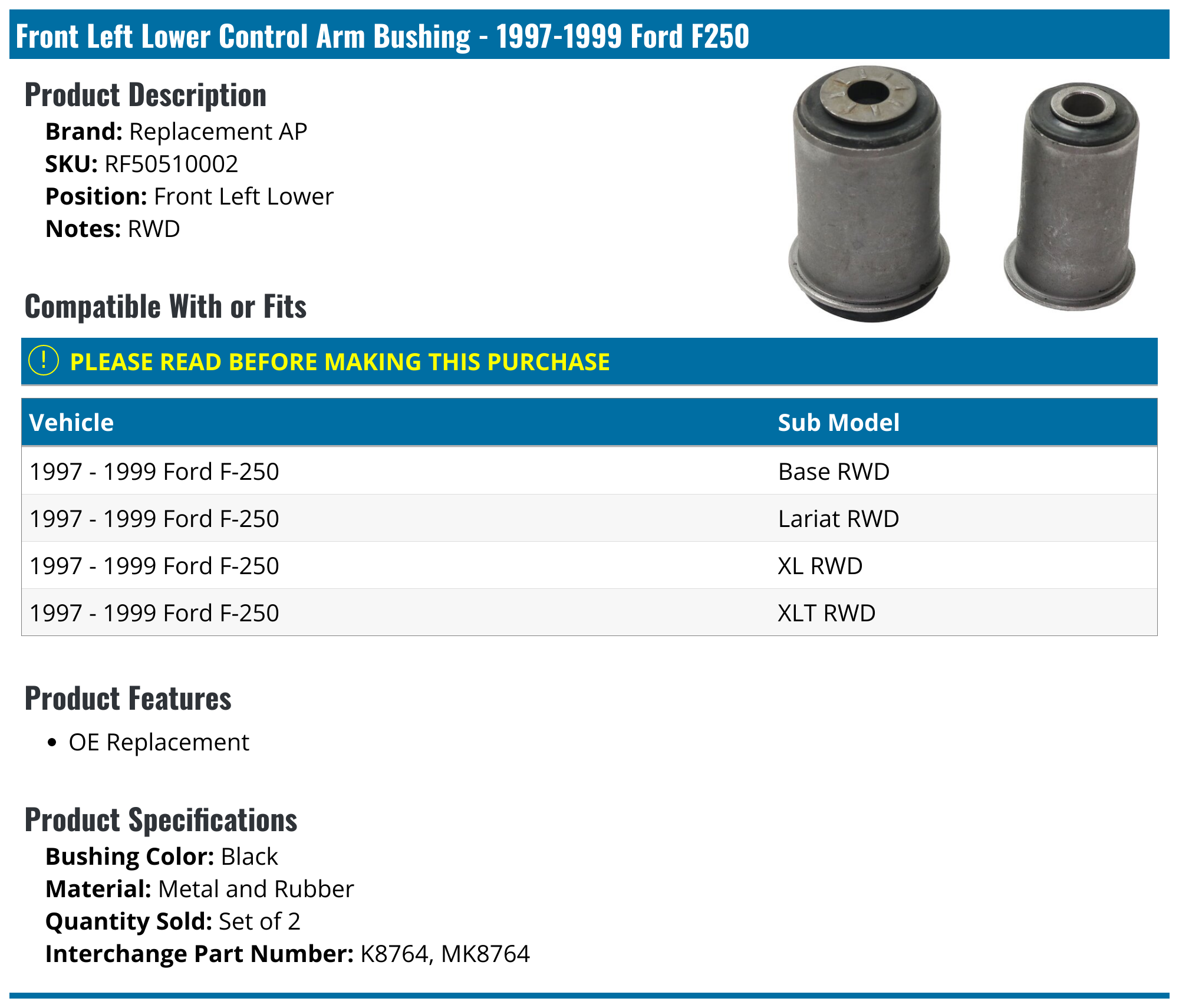 1997-1999 Ford F250 Control Arm Bushing - Replacement AP RF50510002 ...