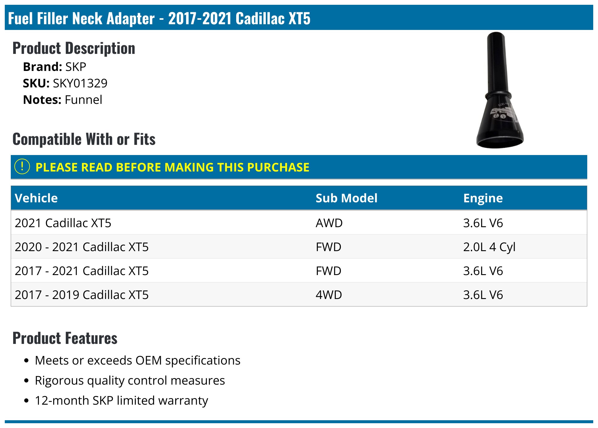 2017-2021 Cadillac XT5 Fuel Filler Neck Adapter - SKP SKY01329 ...