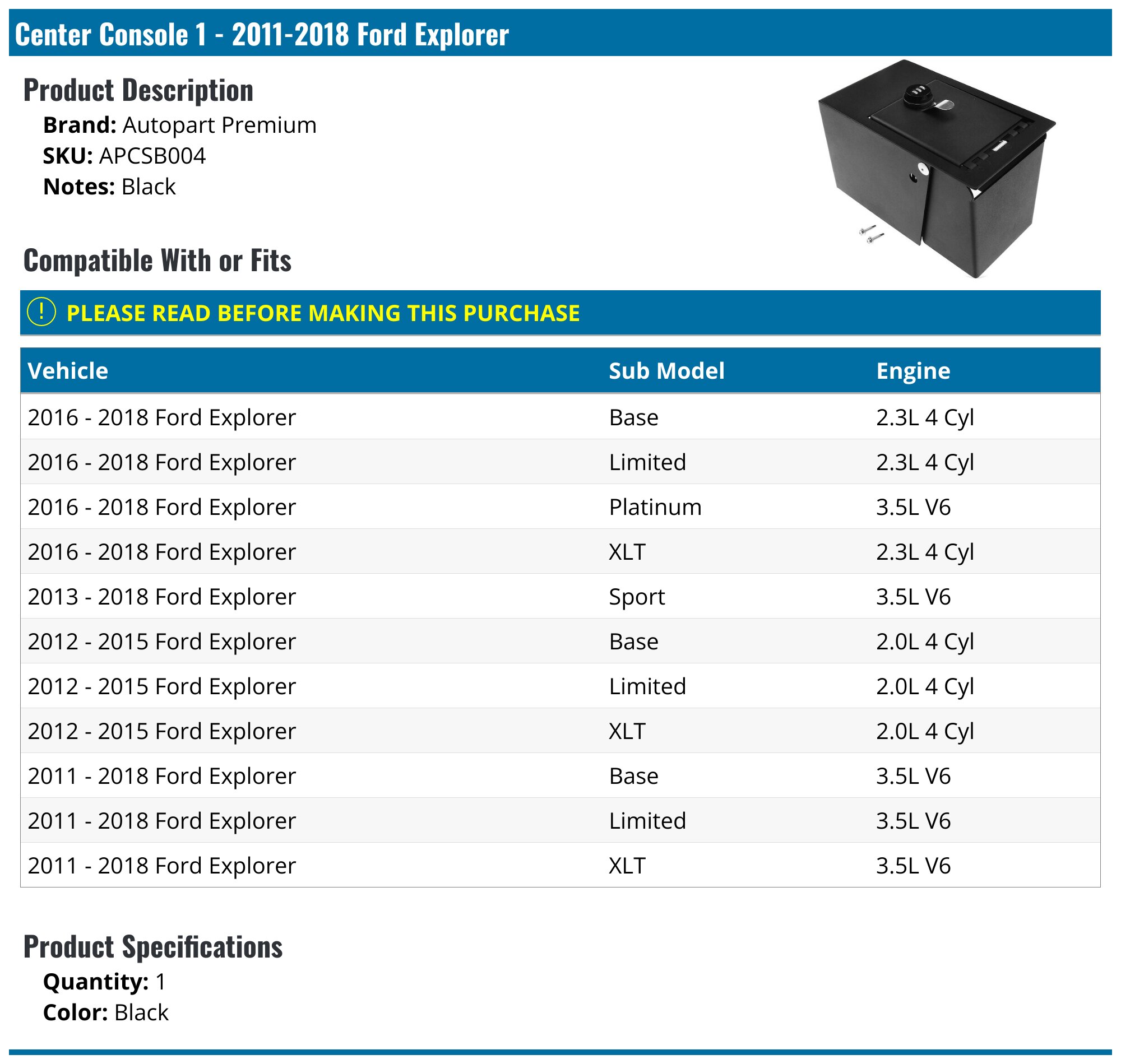 2011-2018 Ford Explorer Center Console - Autopart Premium APCSB004 ...