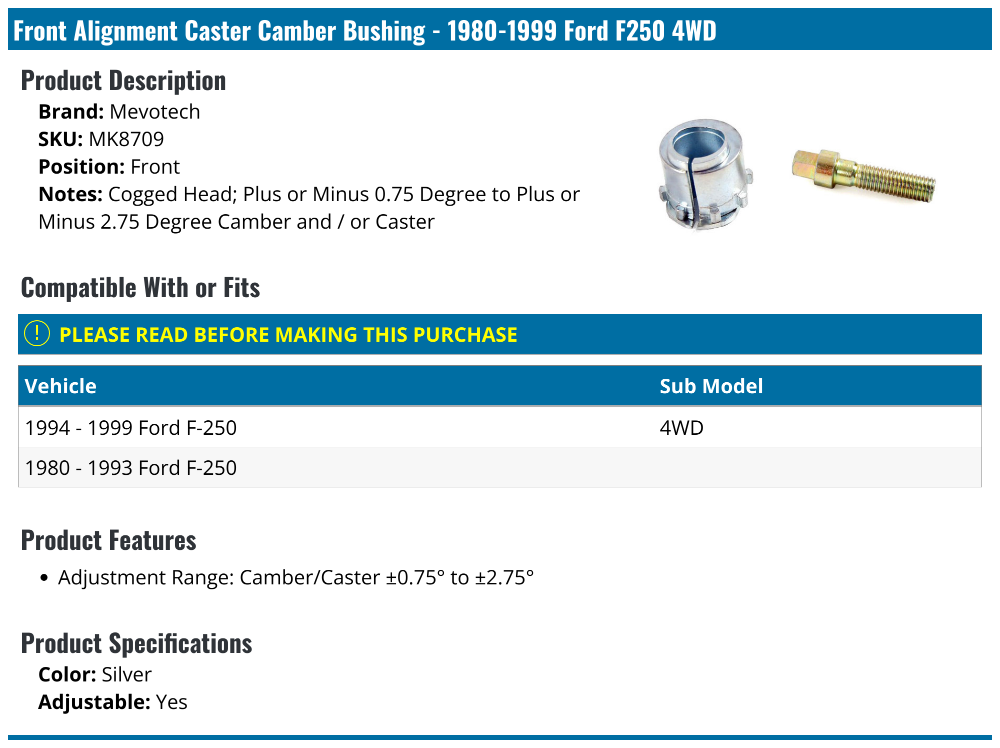 1980-1999 Ford F250 Alignment Caster Camber Bushing - Mevotech MK8709 ...