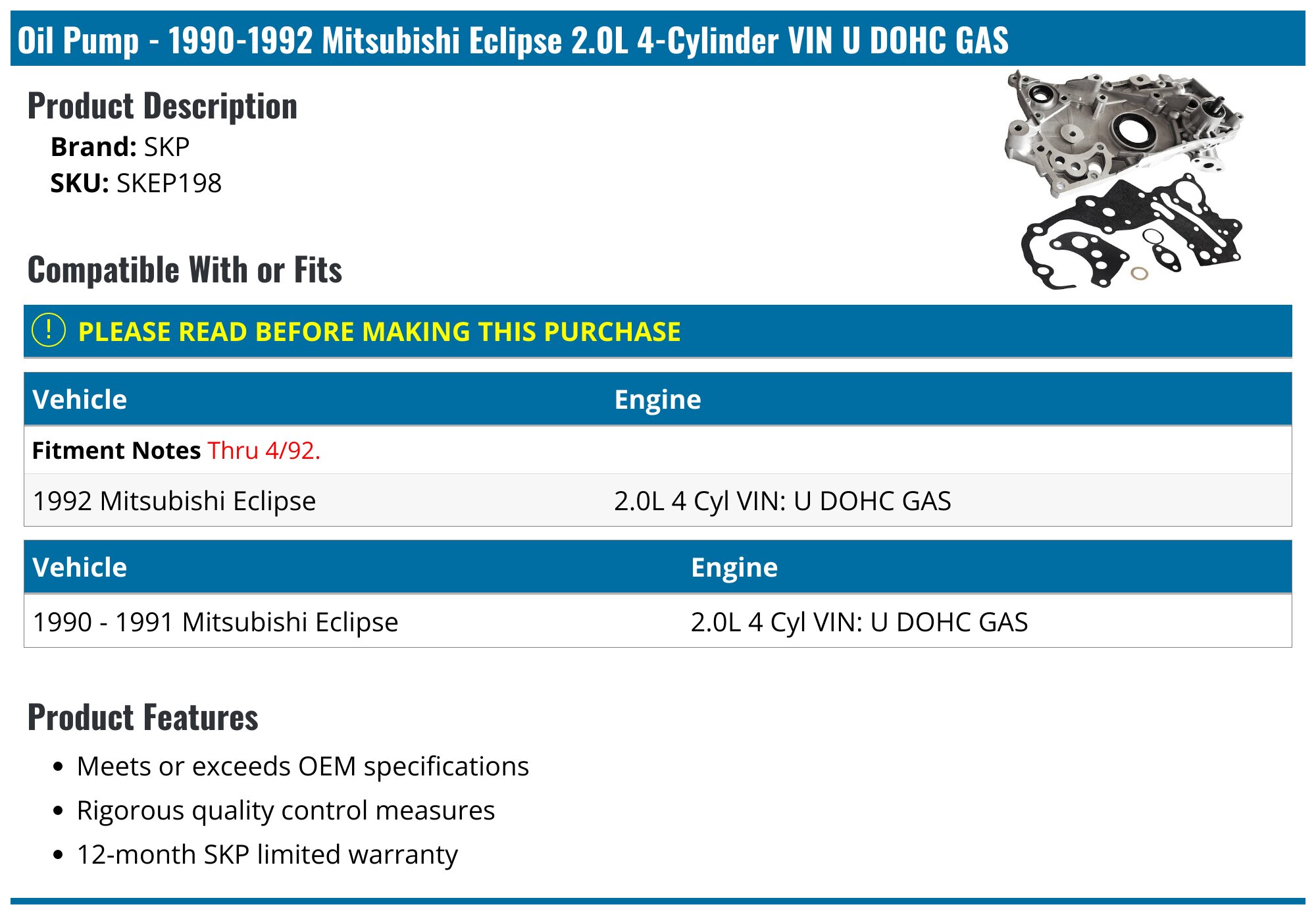 1990-1992 Mitsubishi Eclipse Oil Pump - SKP SKEP198 - PartsGeek.com