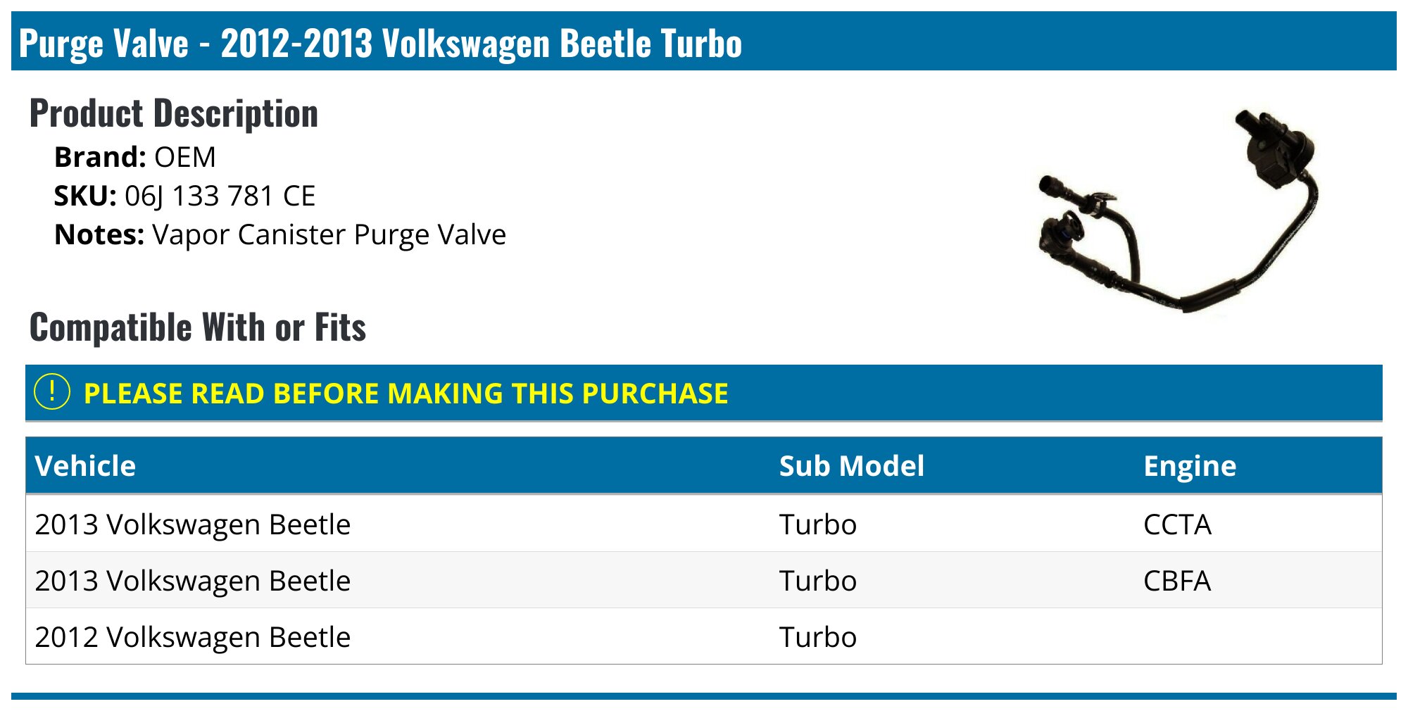 2012-2013 Volkswagen Beetle Purge Valve - OEM 06J 133 781 CE ...
