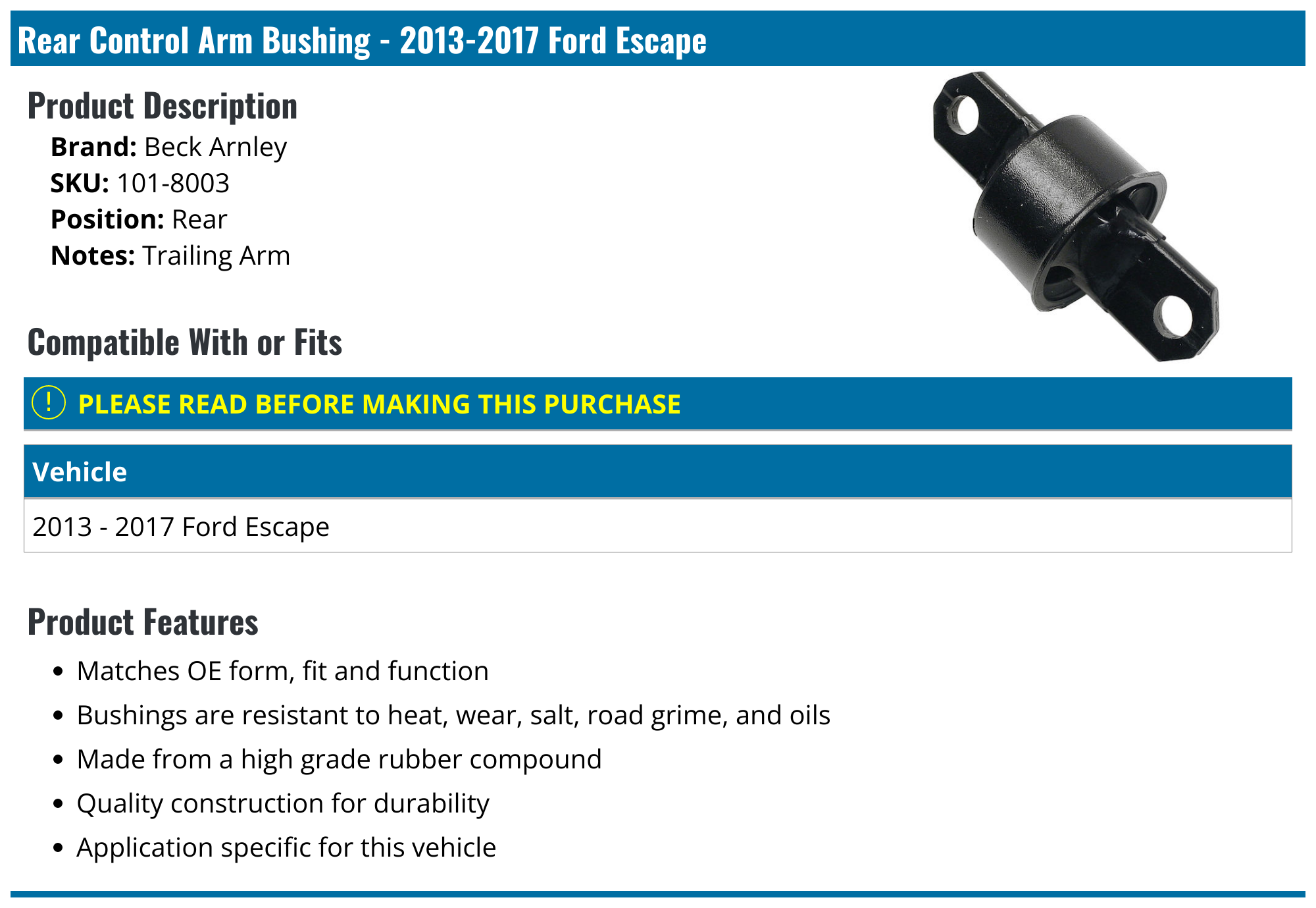 2013-2017 Ford Escape Control Arm Bushing - Beck Arnley 101-8003 - Rear ...