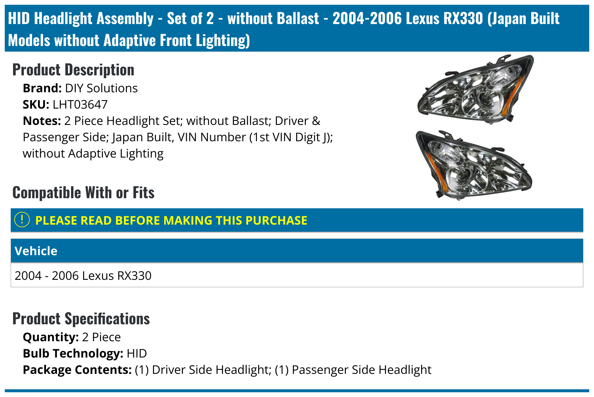 2004-2006 Lexus RX330 Headlight Assembly - DIY Solutions LHT03647 ...