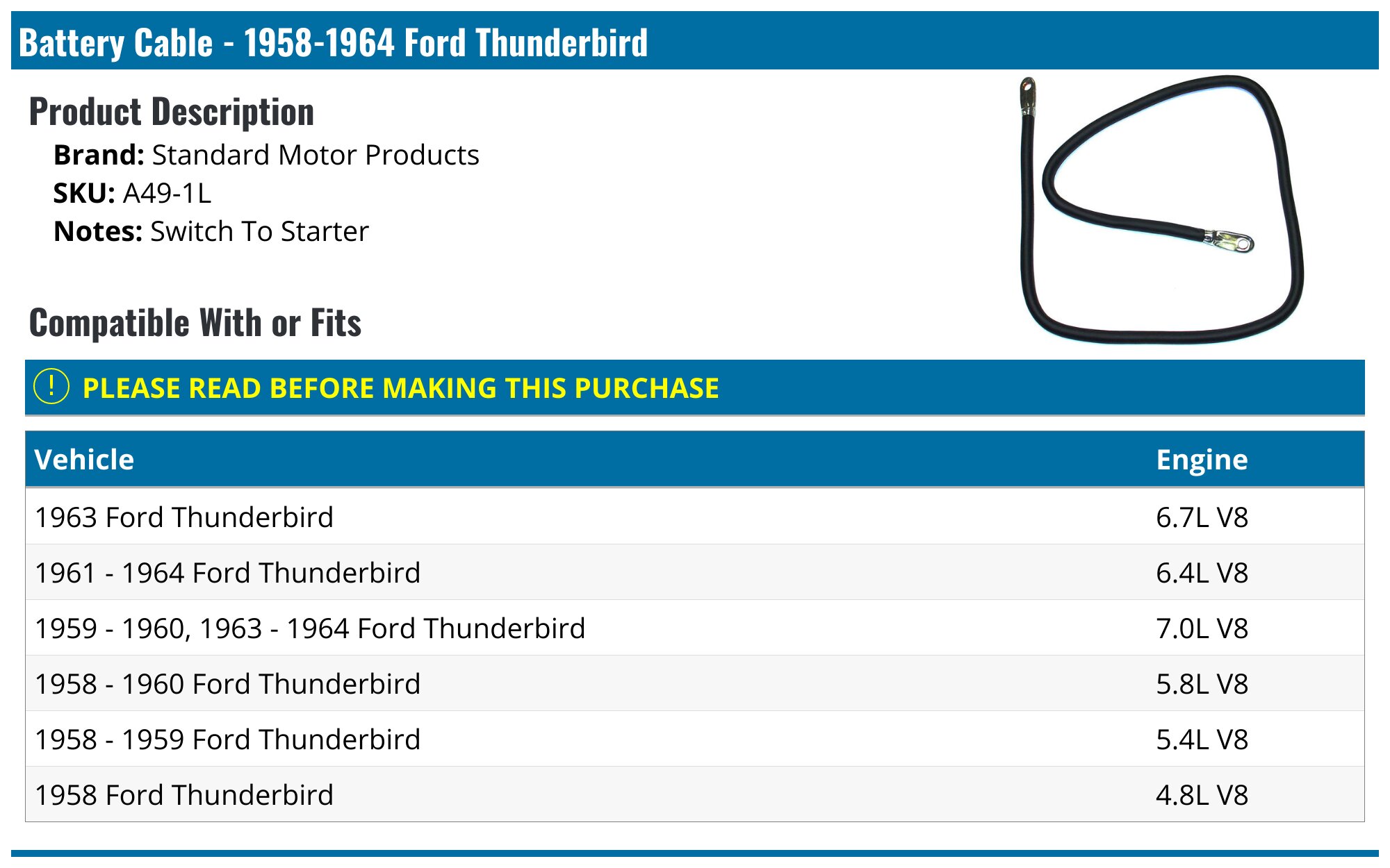 1958-1964 Ford Thunderbird Battery Cable - Standard Motor Products A49 ...