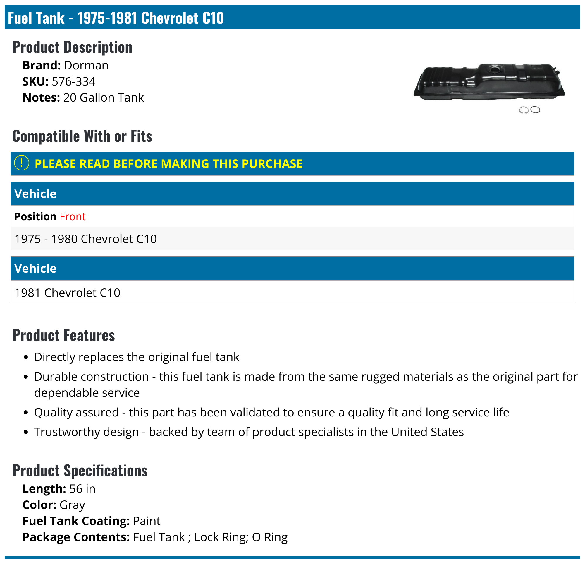 1975-1981 Chevrolet C10 Fuel Tank - Dorman 576-334 - Front - PartsGeek.com