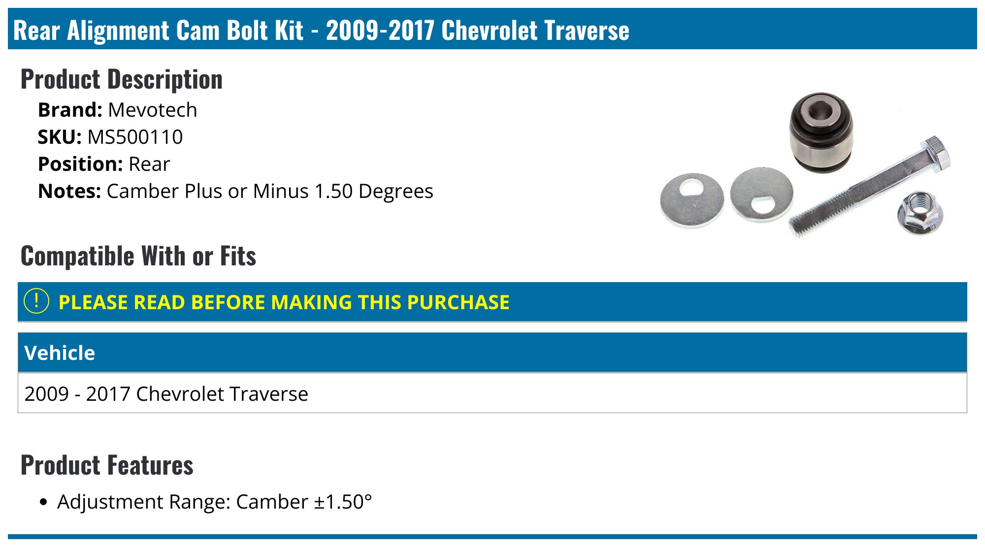 2009-2017 Chevrolet Traverse Alignment Cam Bolt Kit - Mevotech MS500110 ...