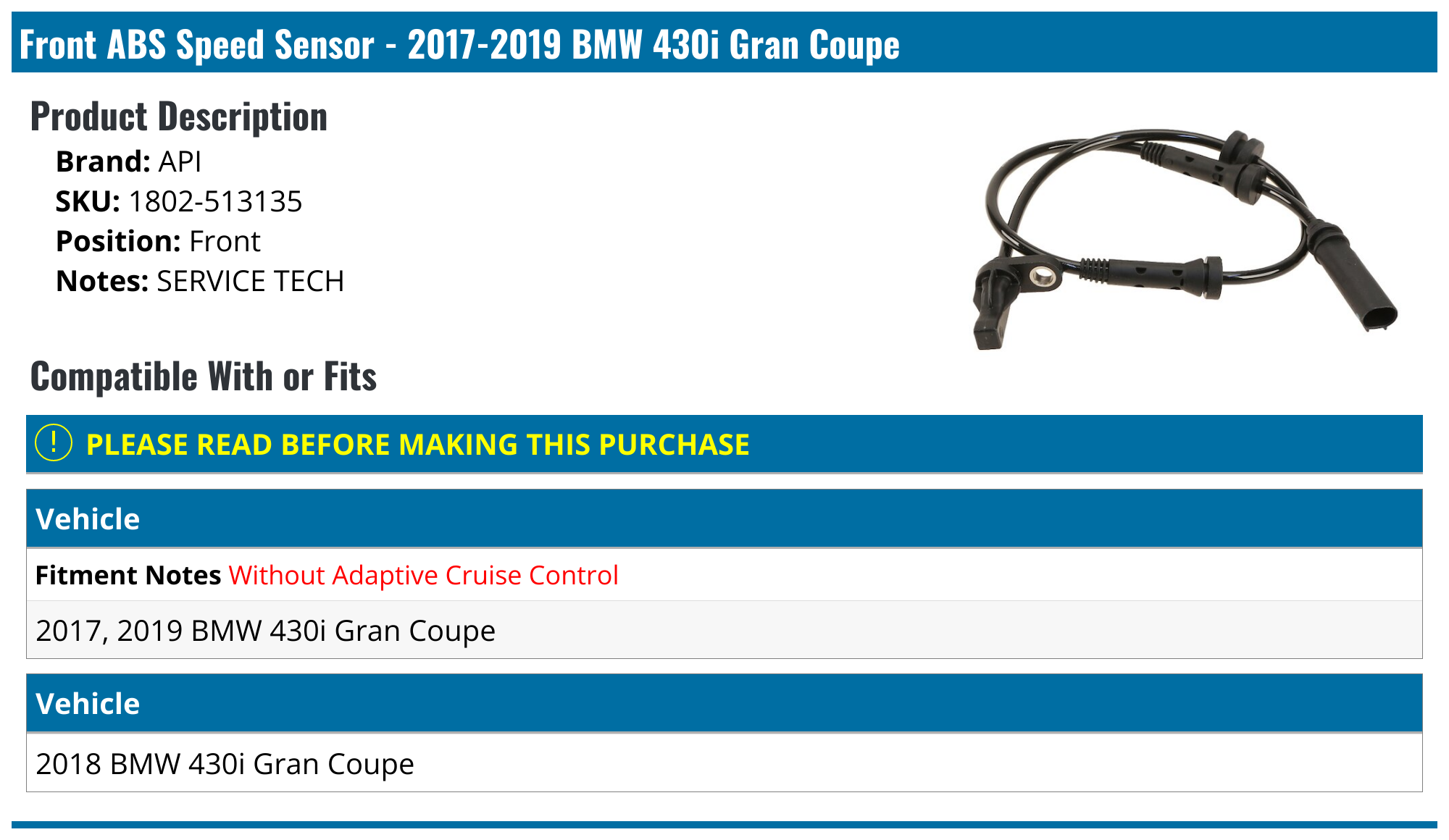 2017-2019 BMW 430i Gran Coupe ABS Speed Sensor - API 140907-02062978 ...