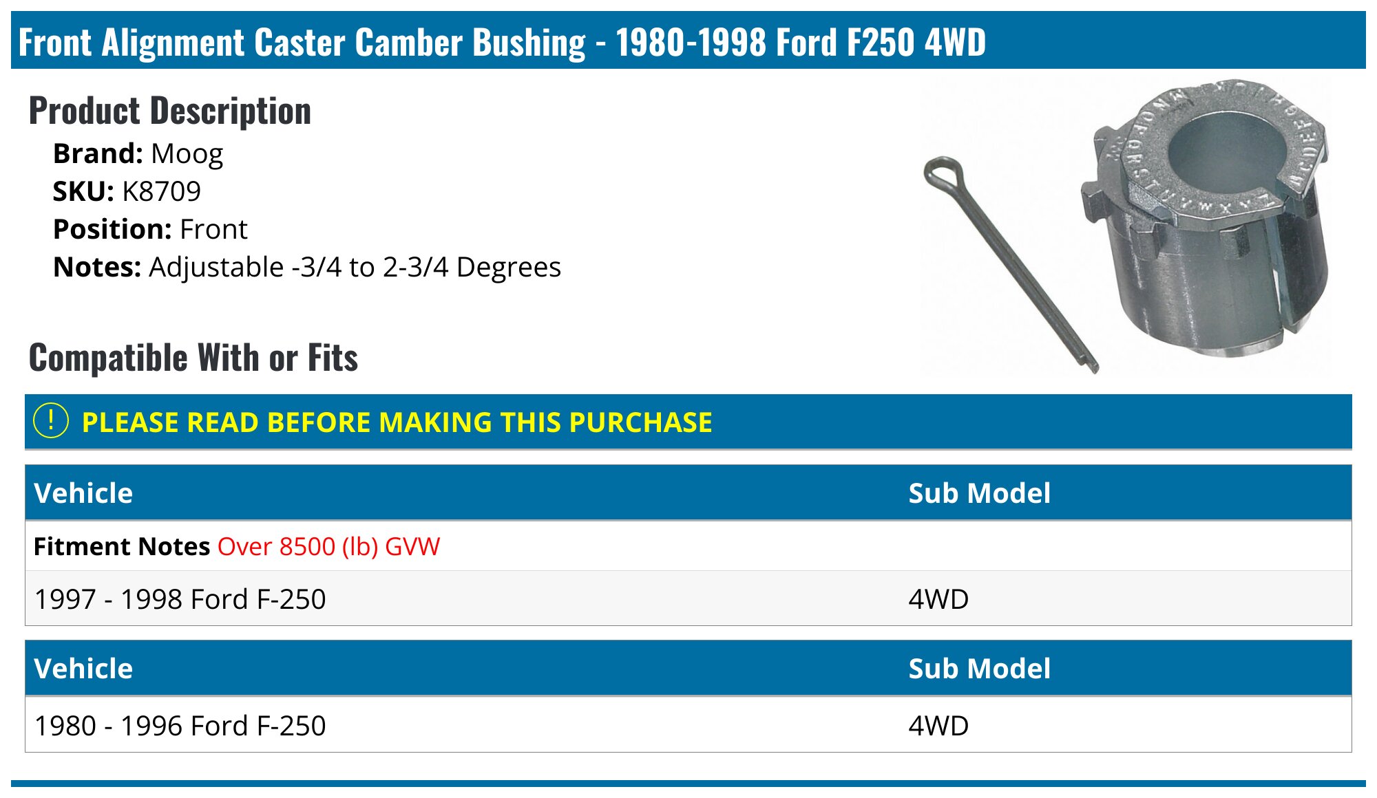 1980-1998 Ford F250 Alignment Caster Camber Bushing - Moog K8709 ...