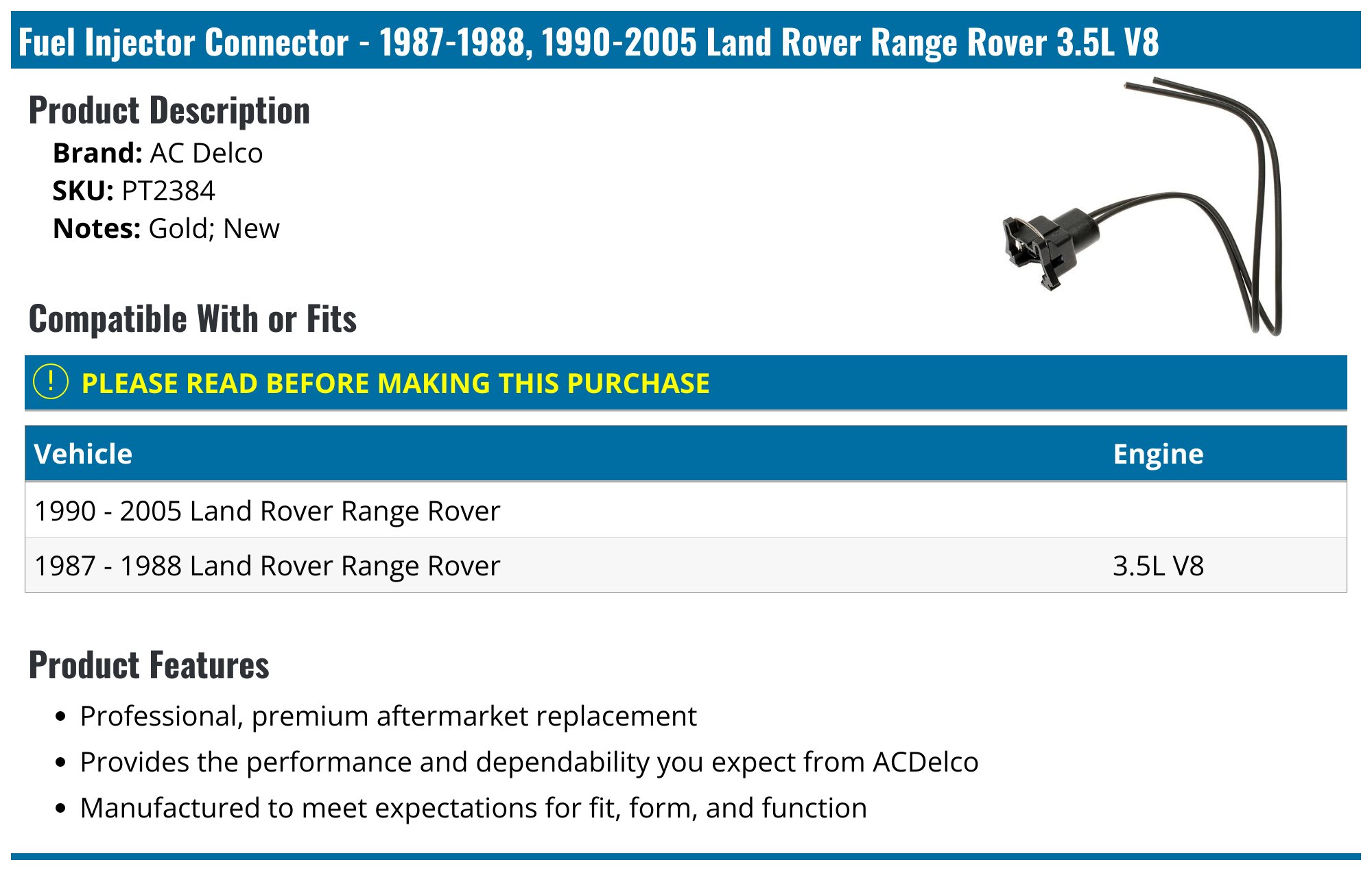 1987-1988, 1990-2005 Land Rover Range Rover Fuel Injector Connector ...