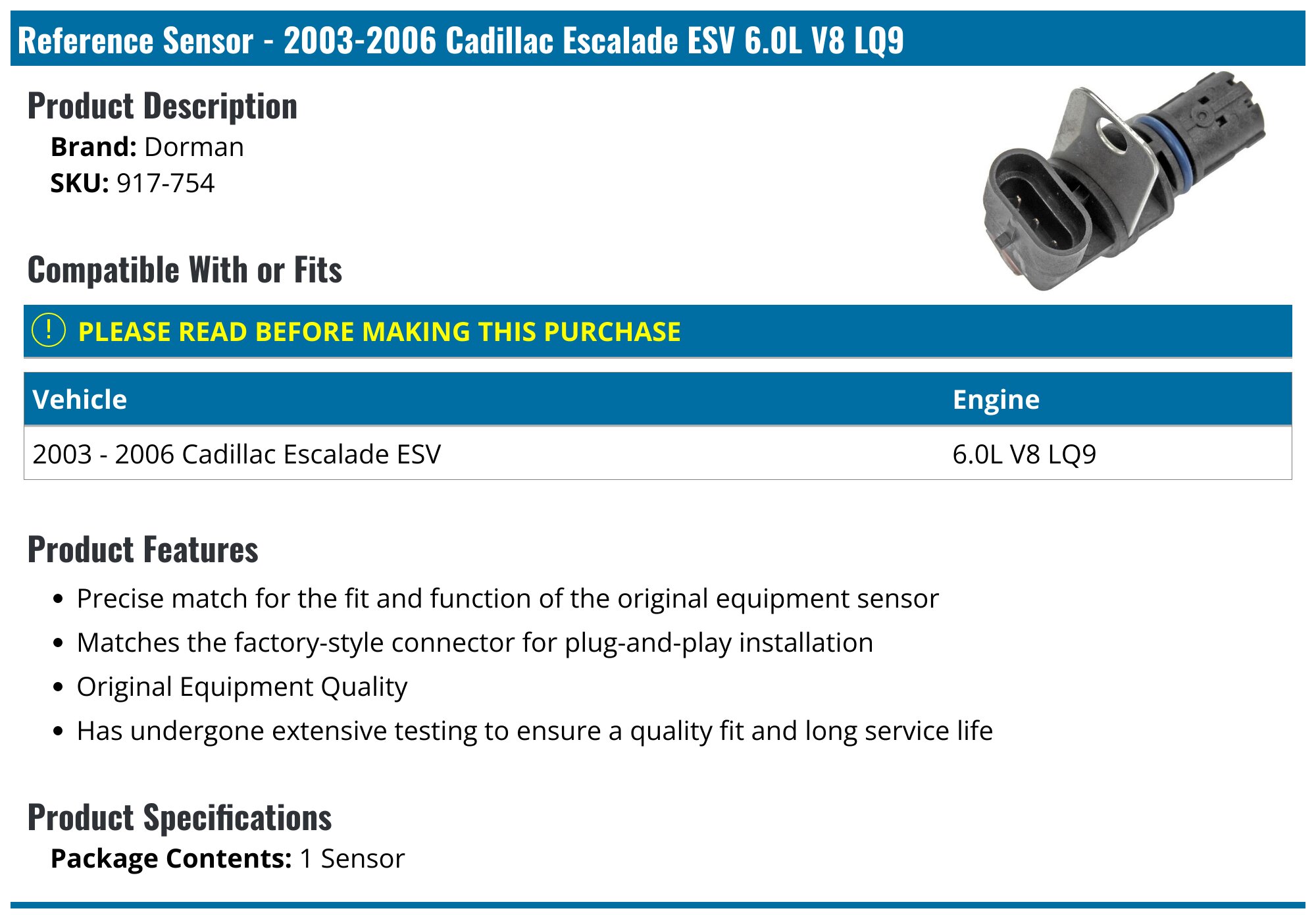 2003-2006 Cadillac Escalade ESV Crank Position Sensor - Dorman 917-754 ...