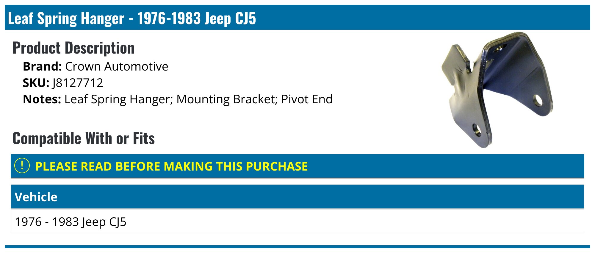 1976-1983 Jeep CJ5 Leaf Spring Hanger - Crown Automotive J8127712 ...