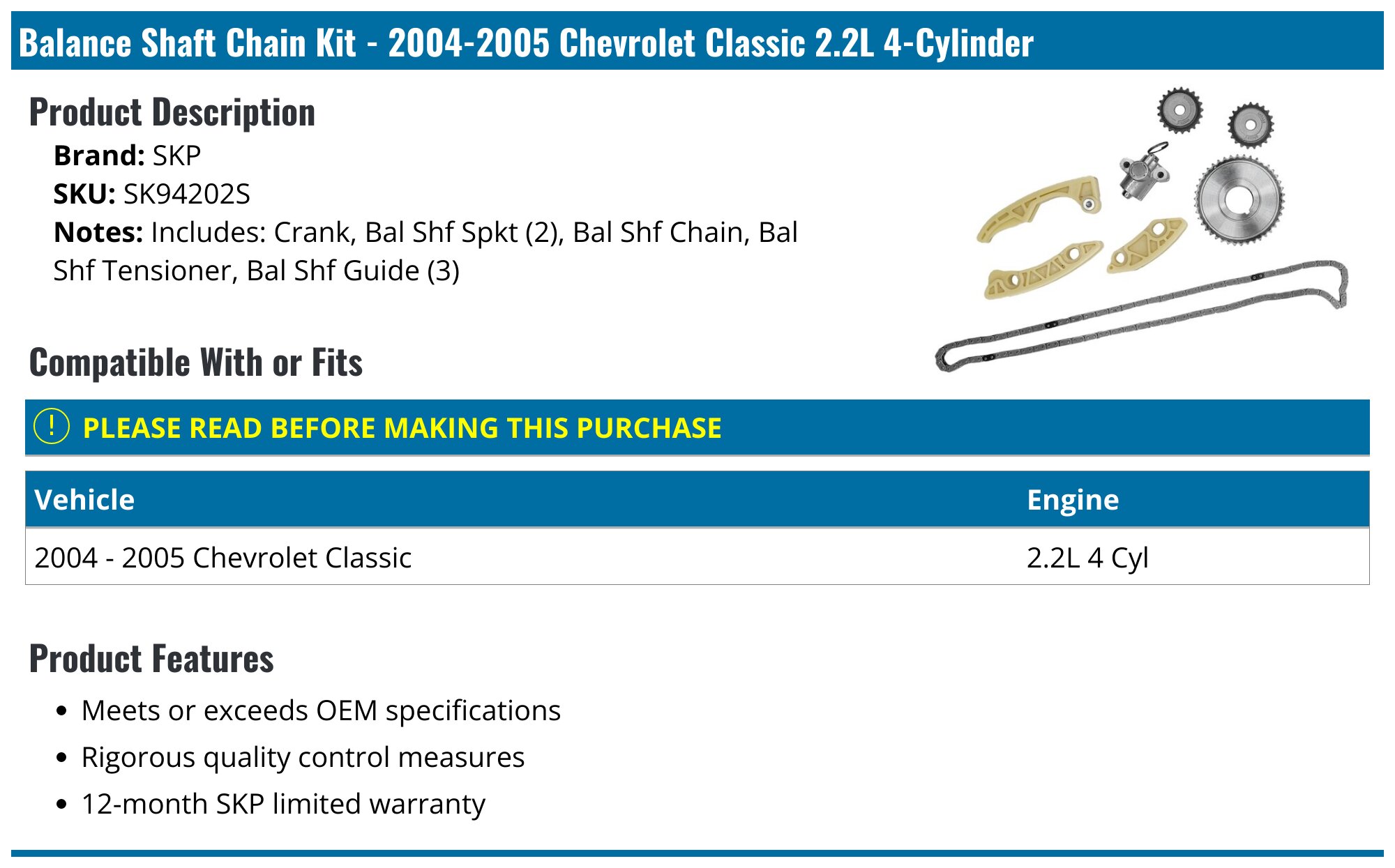 2004-2005 Chevrolet Classic Balance Shaft Chain Kit - SKP SK94202S ...