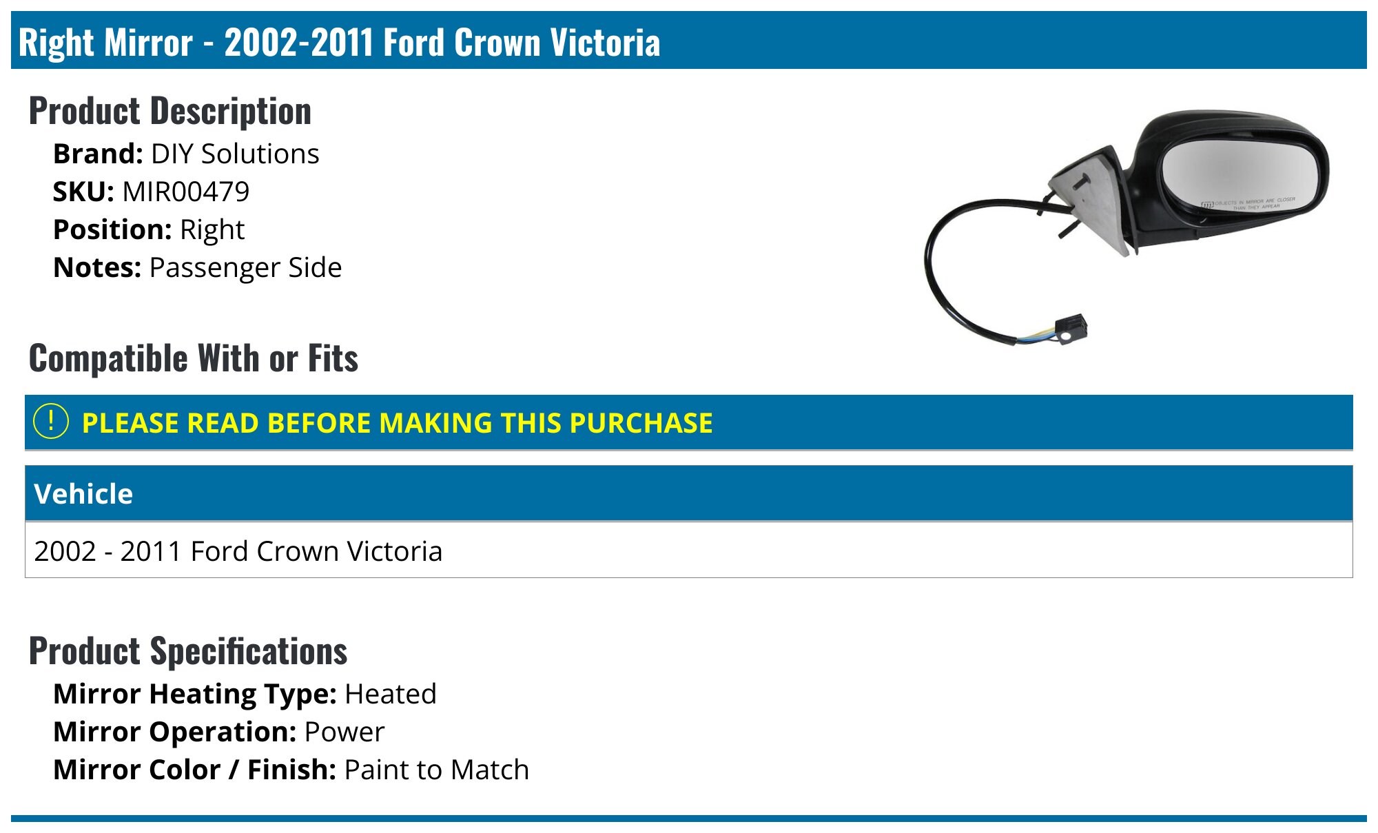 2002-2011 Ford Crown Victoria Mirror - DIY Solutions MIR00479 - Right ...