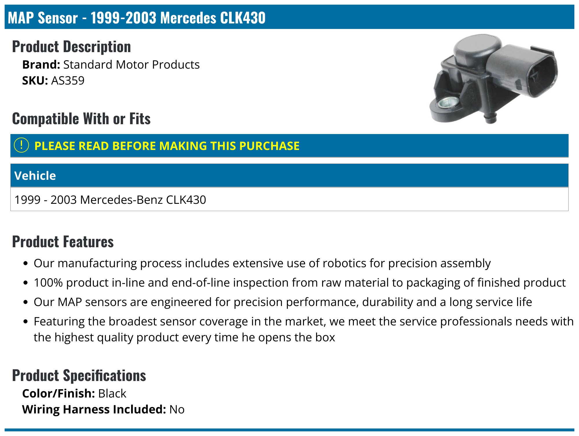 1999-2003 Mercedes CLK430 MAP Sensor - Standard Motor Products AS359 ...