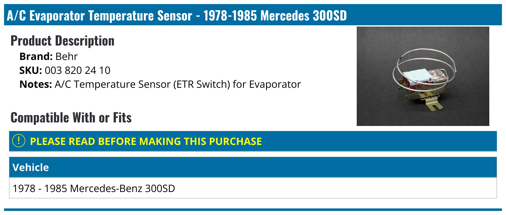 1978-1985 Mercedes 300SD A/C Evaporator Temperature Sensor - Behr 003 ...