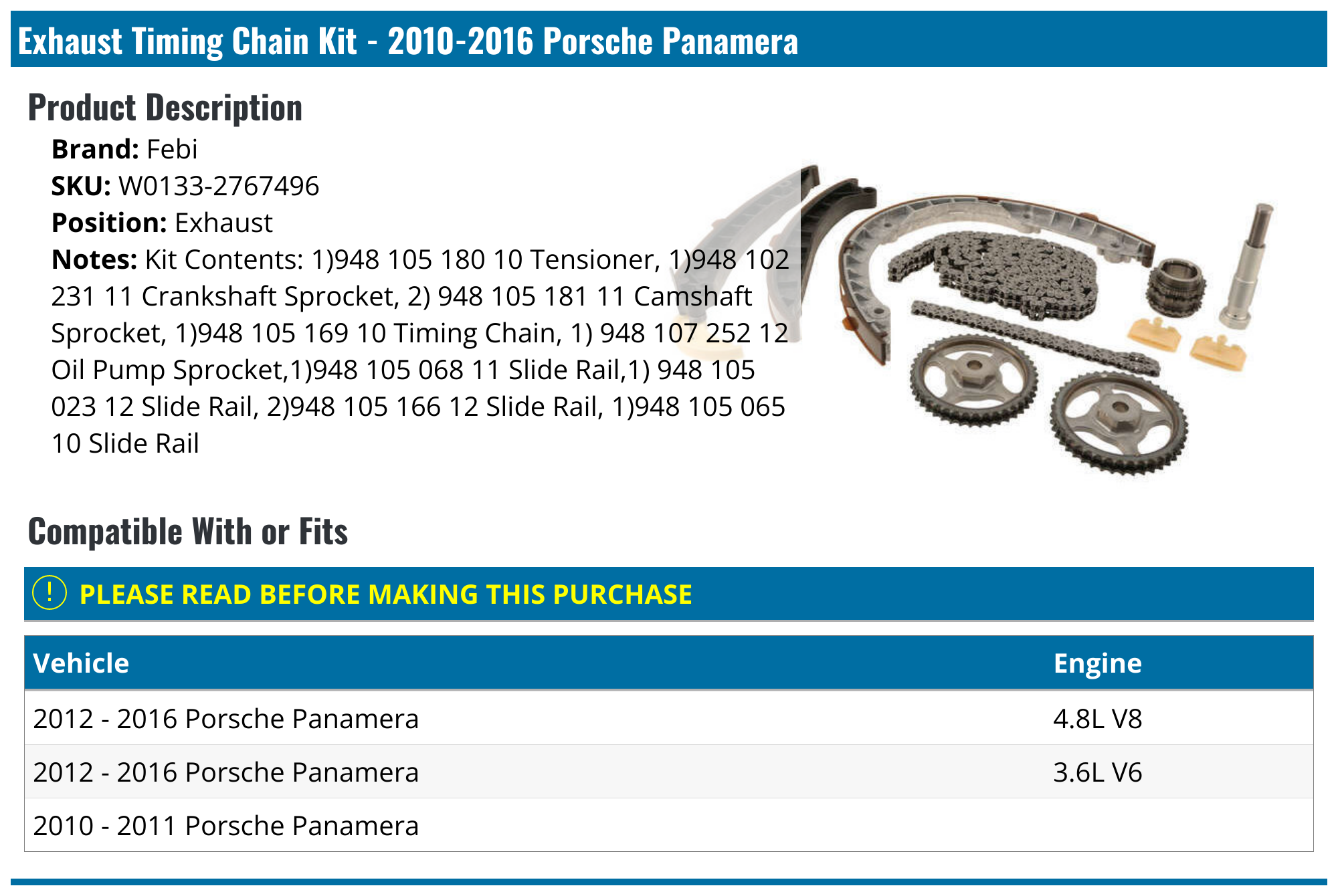 2010-2016 Porsche Panamera Timing Chain - Febi W0133-2767496 - Exhaust ...