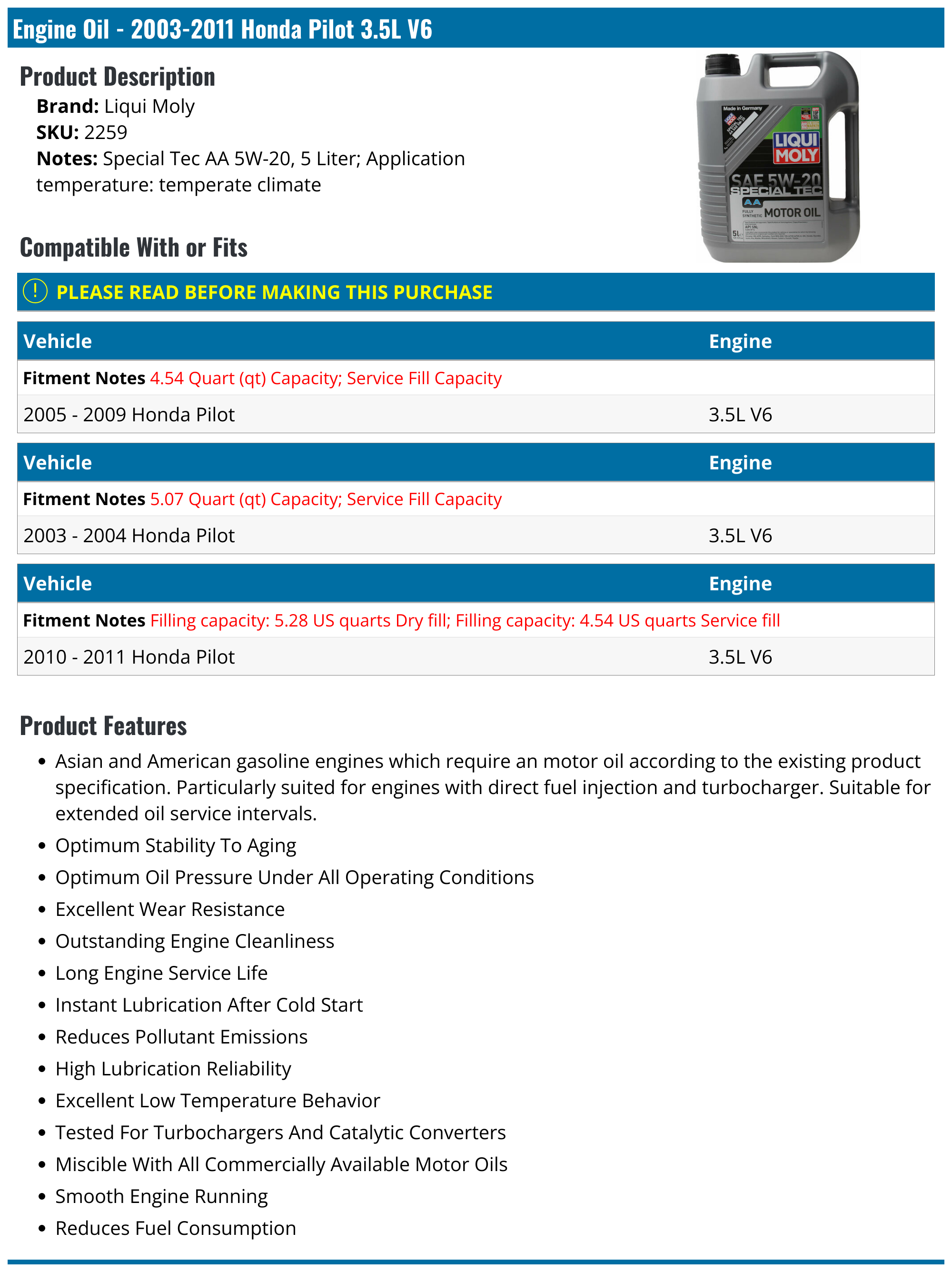 2003-2011 Honda Pilot Engine Oil - Liqui Moly 2259 - PartsGeek.com