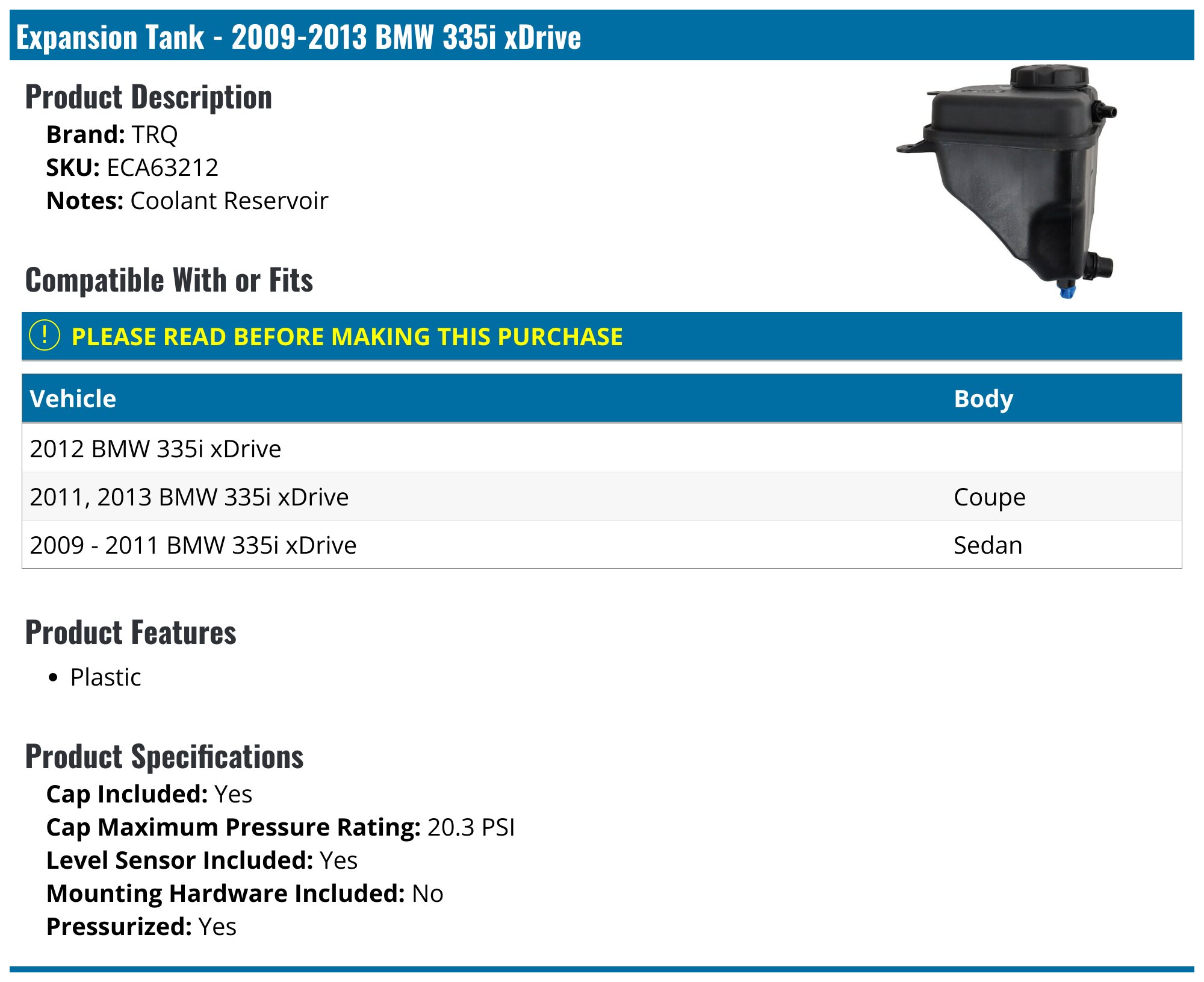 2009-2013 BMW 335i xDrive Expansion Tank - TRQ ECA63212 - PartsGeek.com