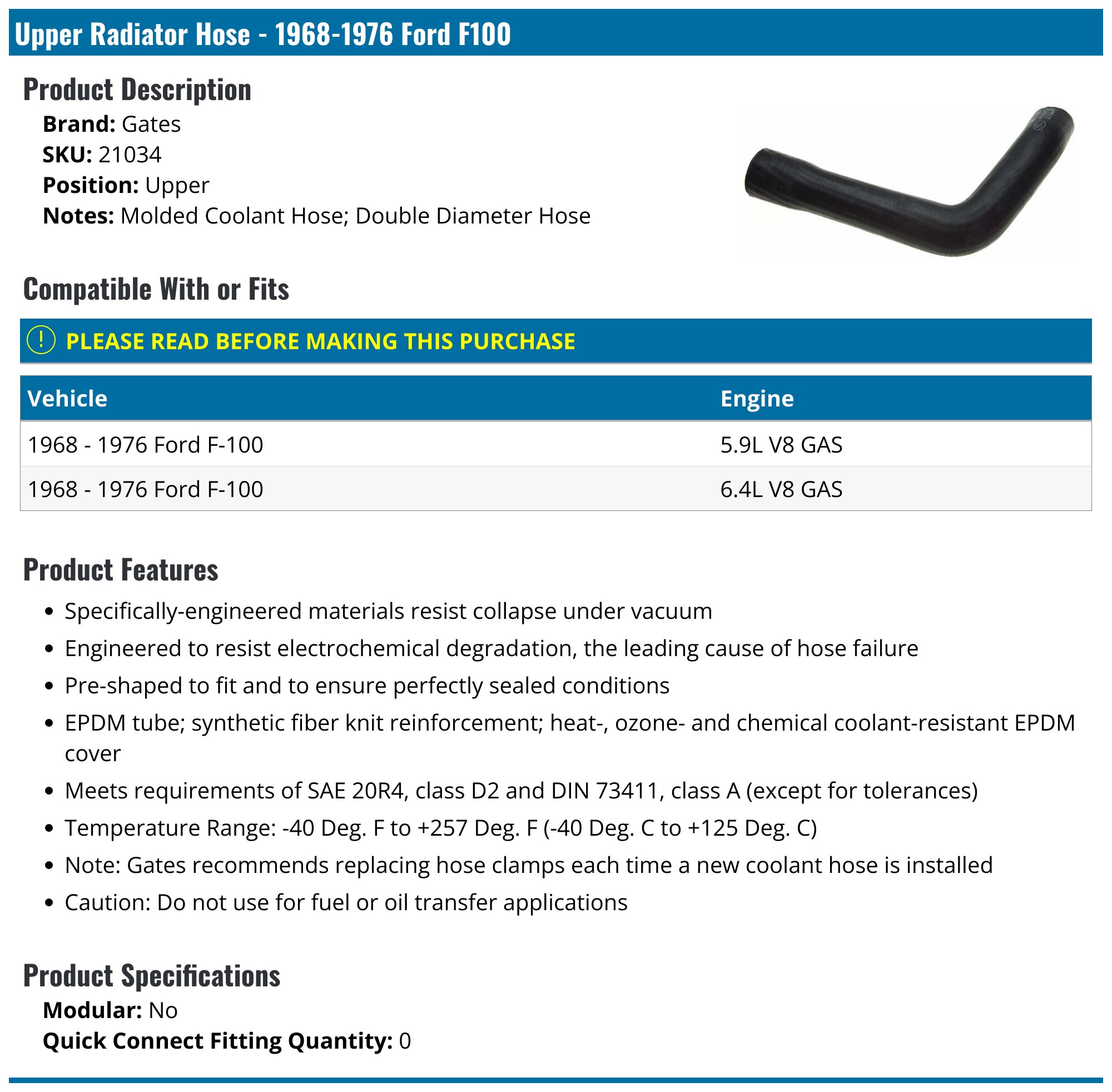 1968-1976 Ford F100 Radiator Hose - Gates 21034 - Upper - PartsGeek.com