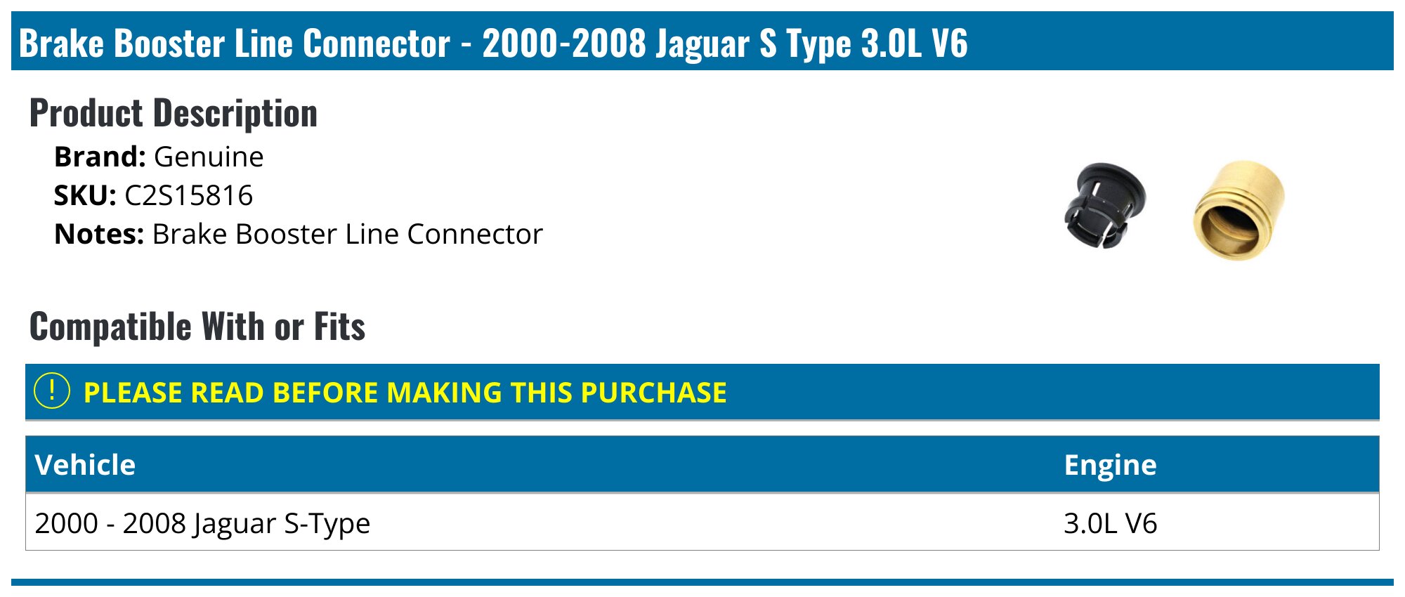 2000-2008 Jaguar S Type Brake Booster Line Connector - Genuine C2S15816 ...