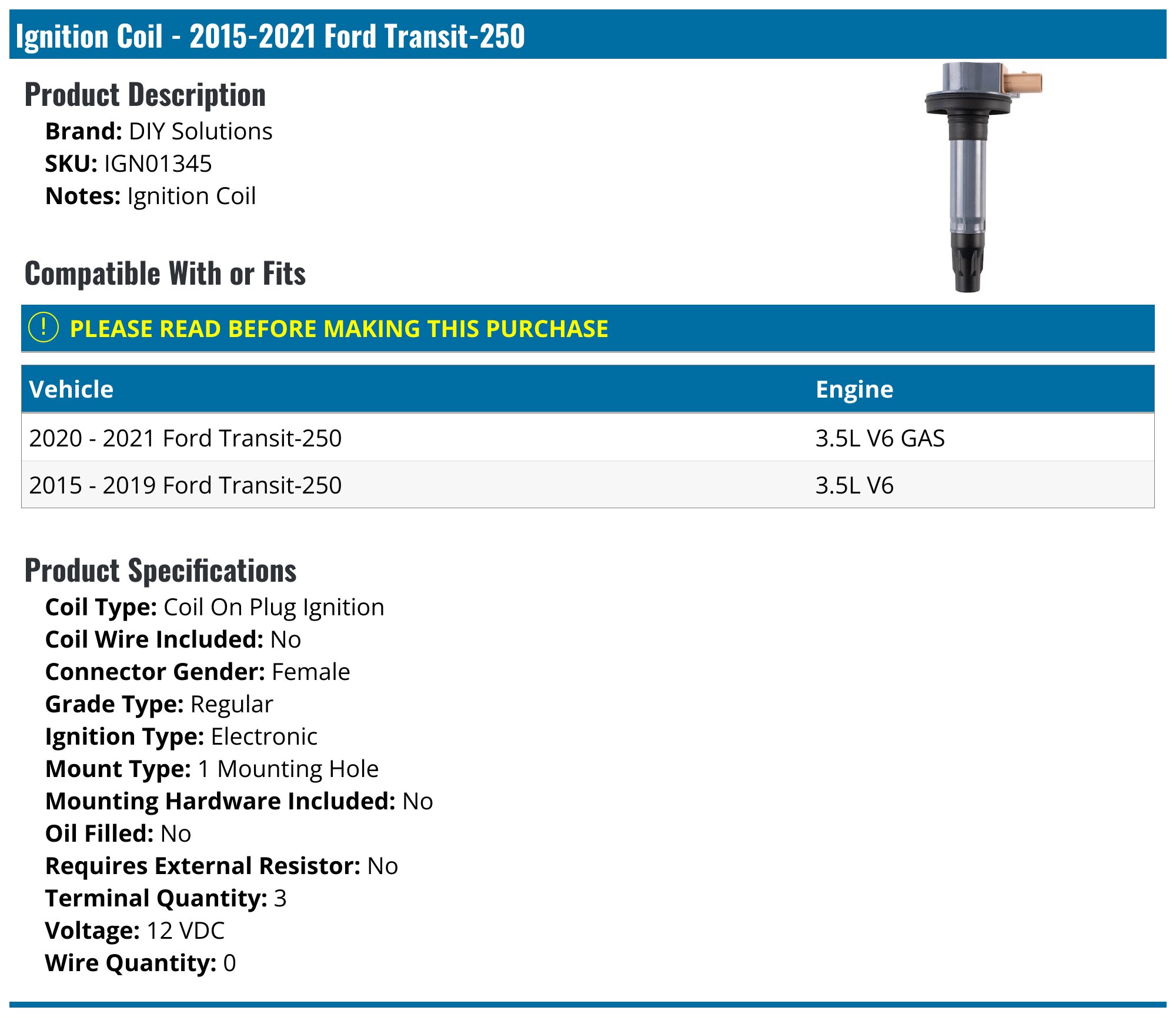 2015-2021 Ford Transit-250 Ignition Coil - DIY Solutions IGN01345 ...