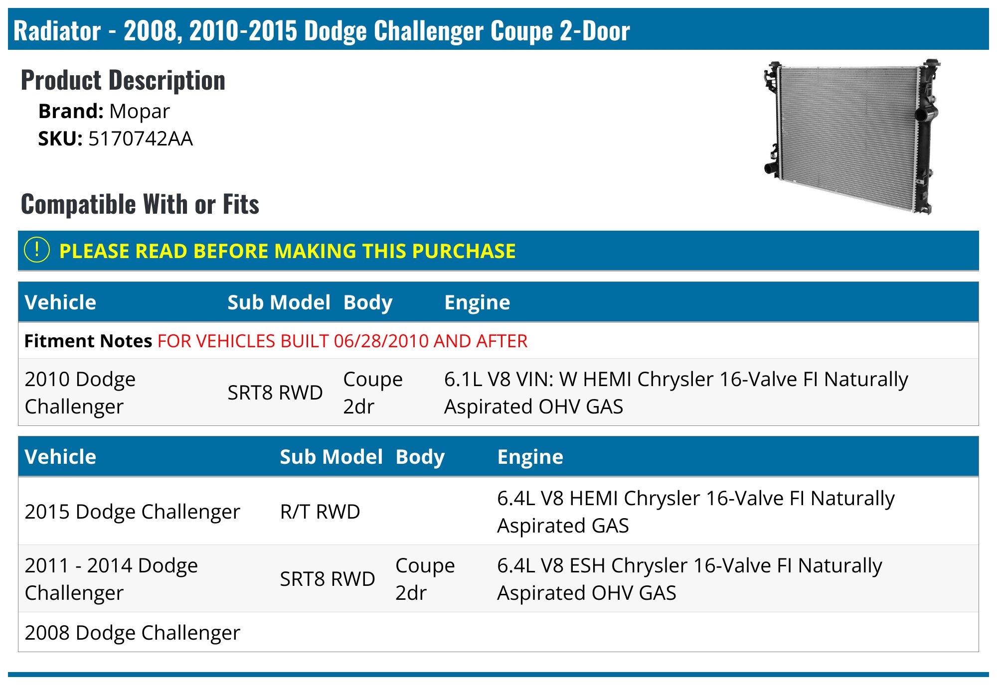2008, 2010-2015 Dodge Challenger Radiator - Mopar 5170742AA - PartsGeek.com