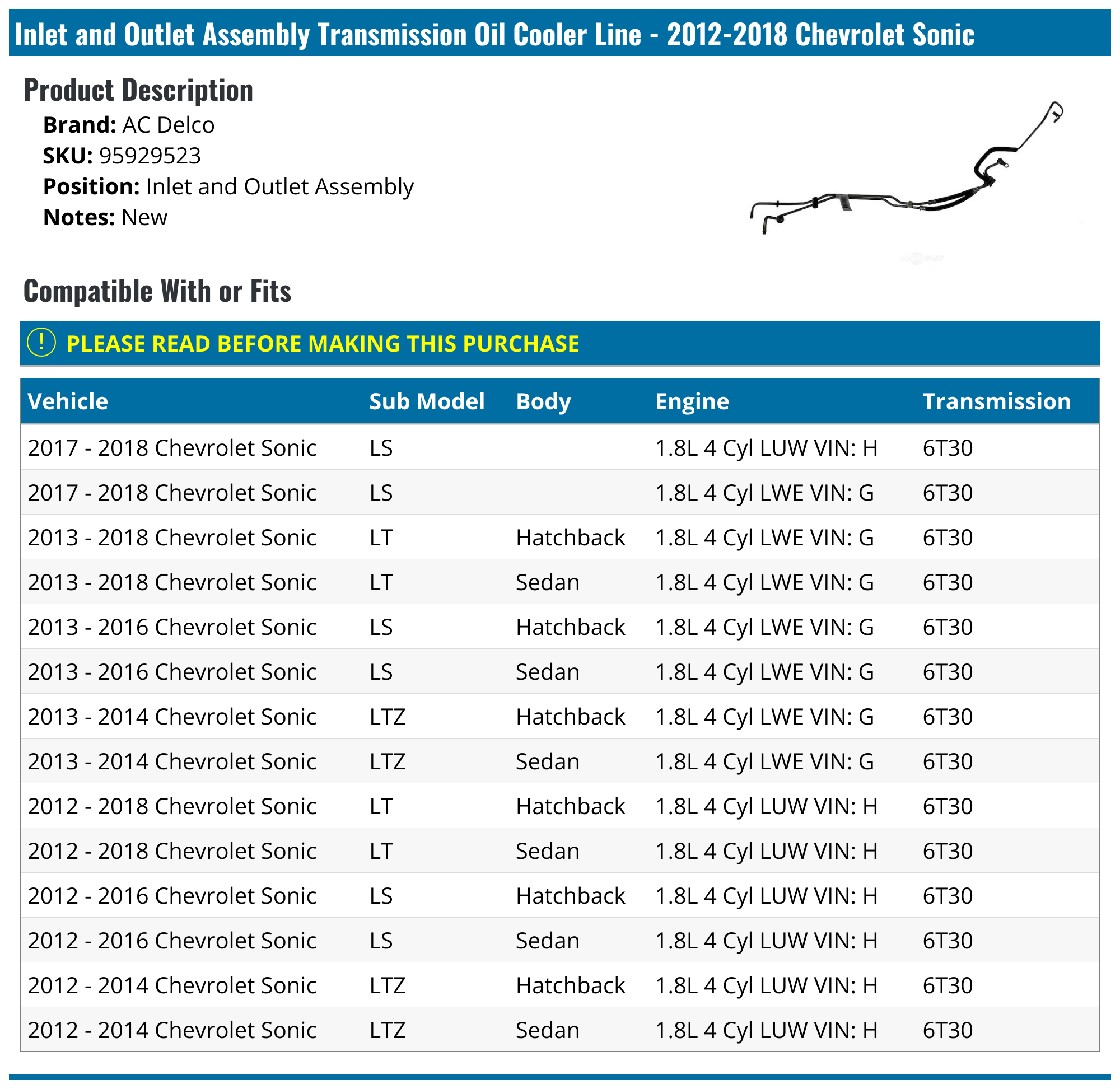 2012-2018 Chevrolet Sonic Transmission Oil Cooler Line - AC Delco ...