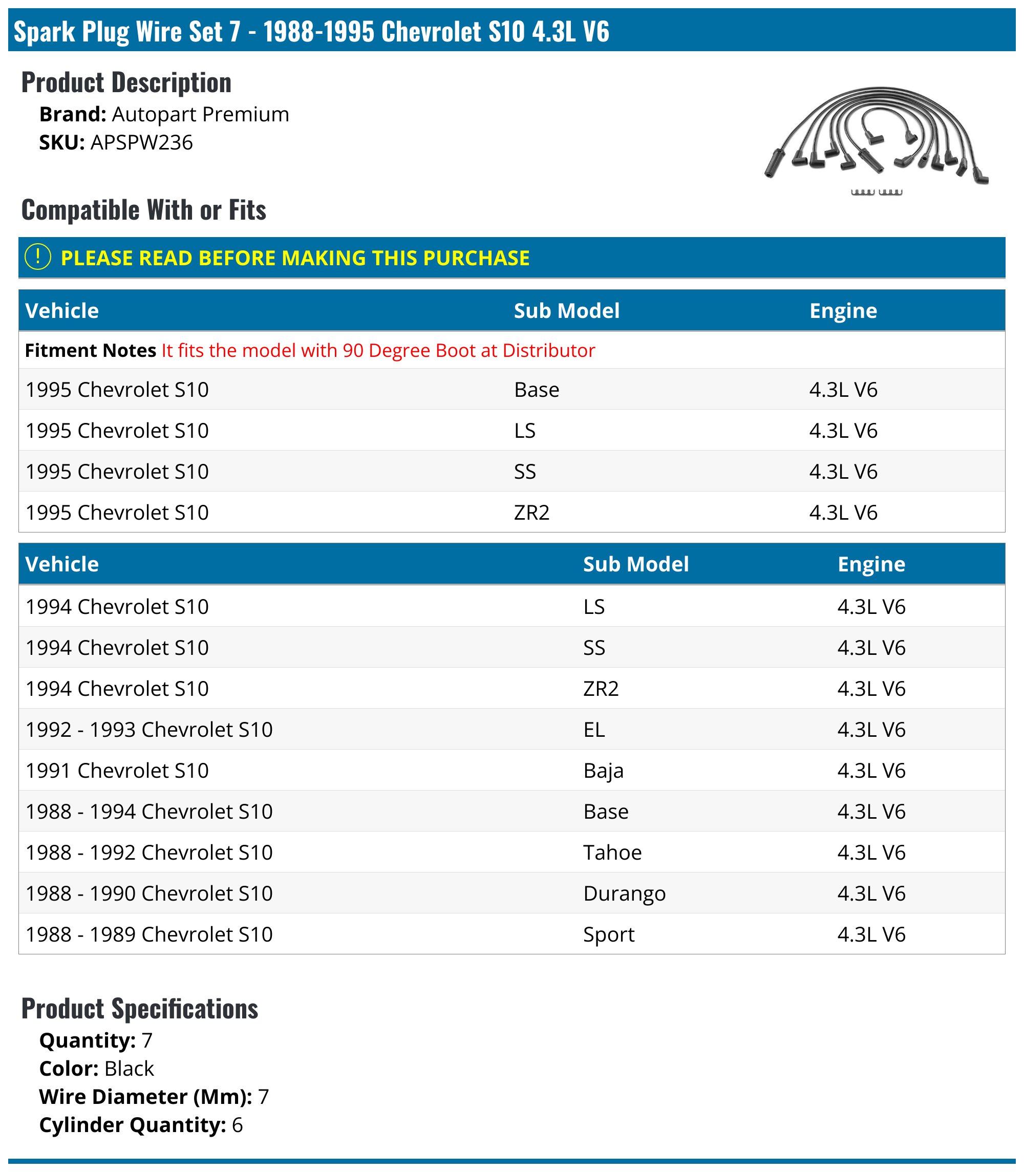1988-1995 Chevrolet S10 Spark Plug Wire Set - Autopart Premium APSPW236 ...
