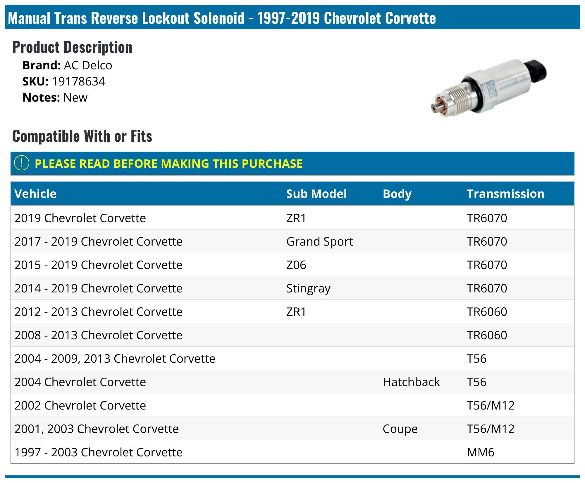1997-2019 Chevrolet Corvette Manual Trans Reverse Lockout Solenoid - AC ...