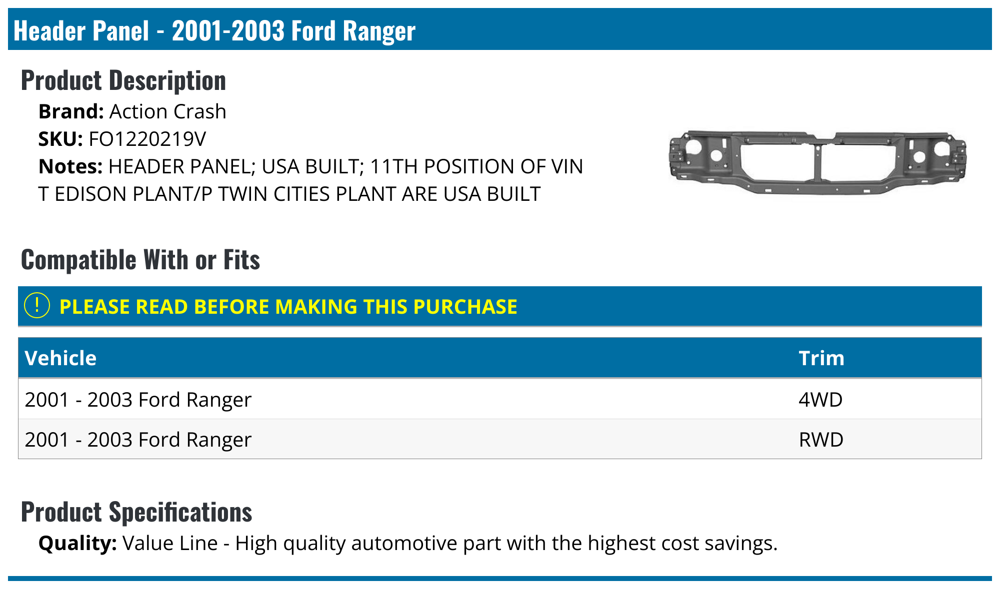 2001-2003 Ford Ranger Header Panel - Action Crash FO1220219V ...