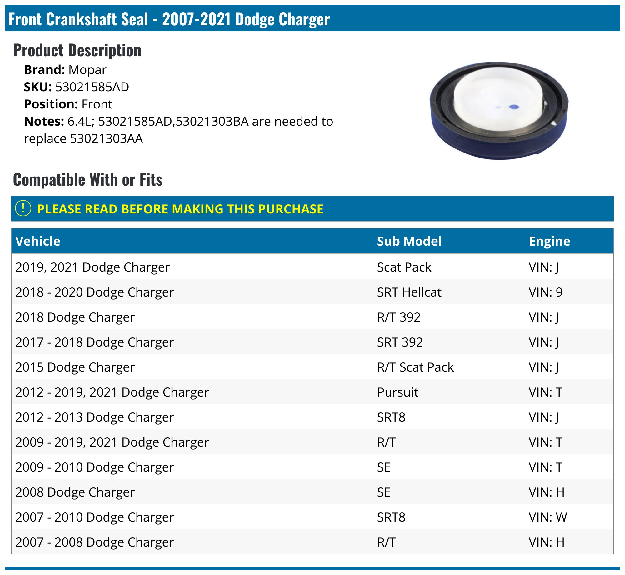 2007-2020 Dodge Charger Crankshaft Seal - Mopar 53021585AD - Front ...