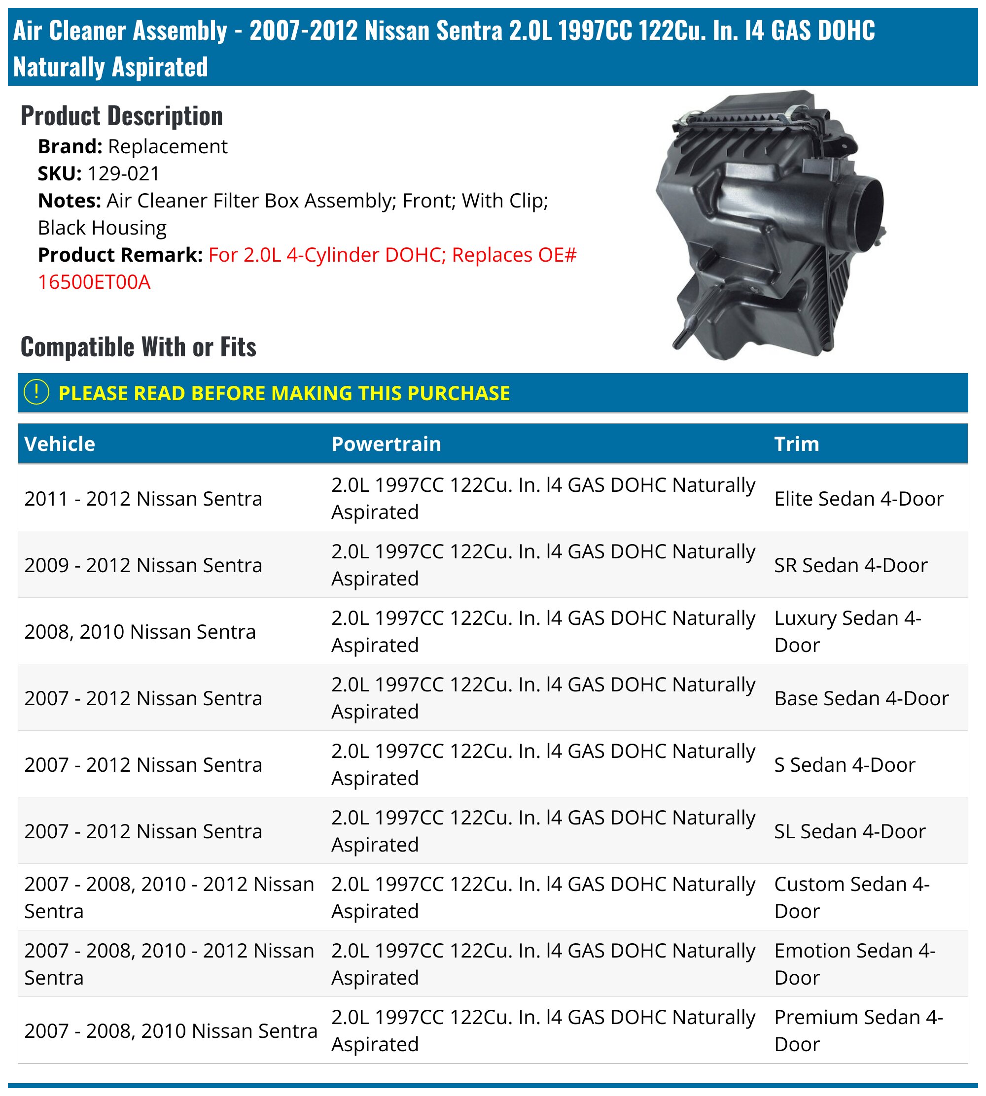 2007-2012 Nissan Sentra Air Filter Housing - Replacement 129-021 ...