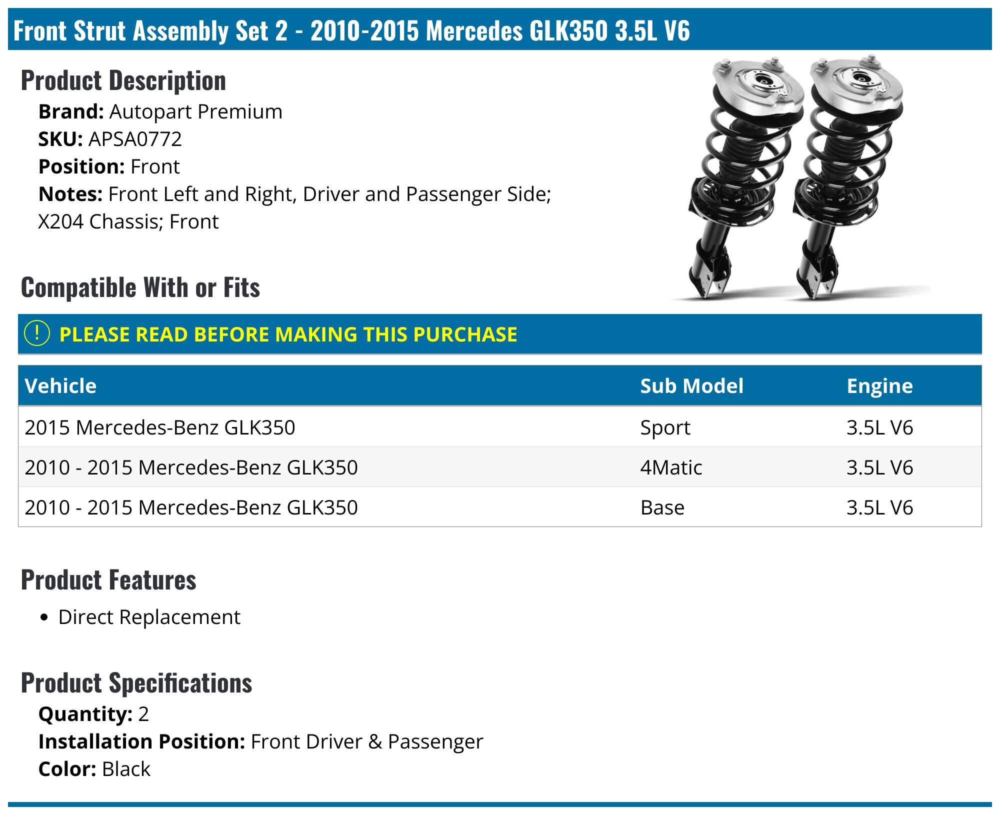 2010-2015 Mercedes GLK350 Strut Assembly - Autopart Premium APSA0772 ...