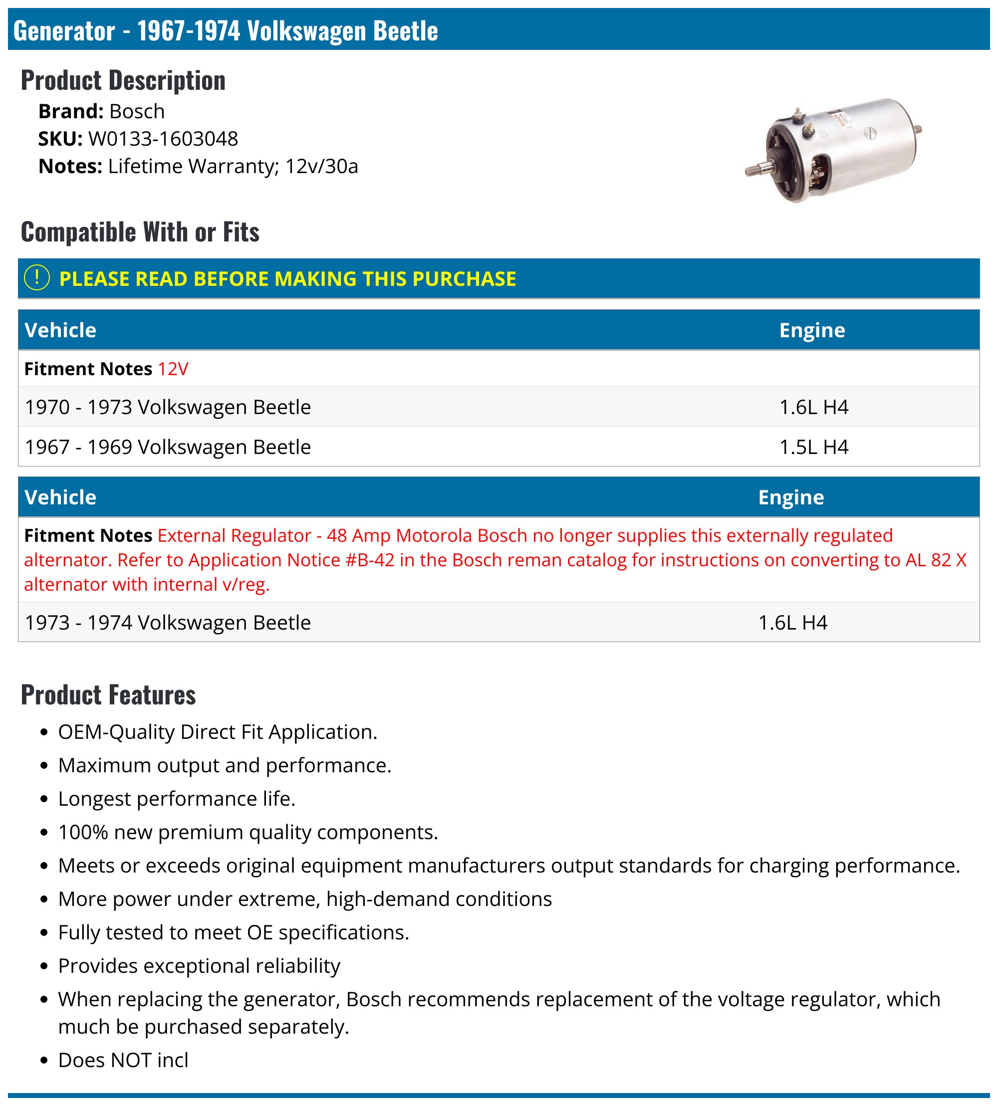 1967-1973 Volkswagen Beetle Generator - Bosch W0133-1603048 - PartsGeek.com