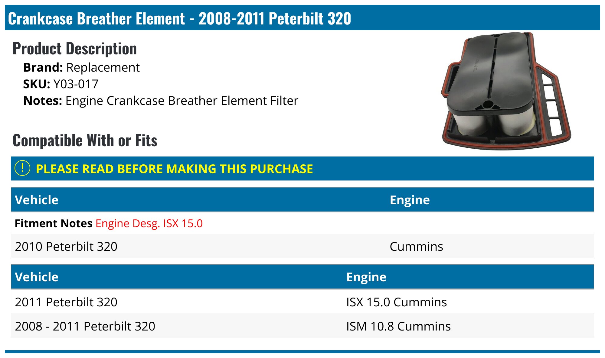 2008-2011 Peterbilt 320 Crankcase Breather Element - Replacement Y03 ...