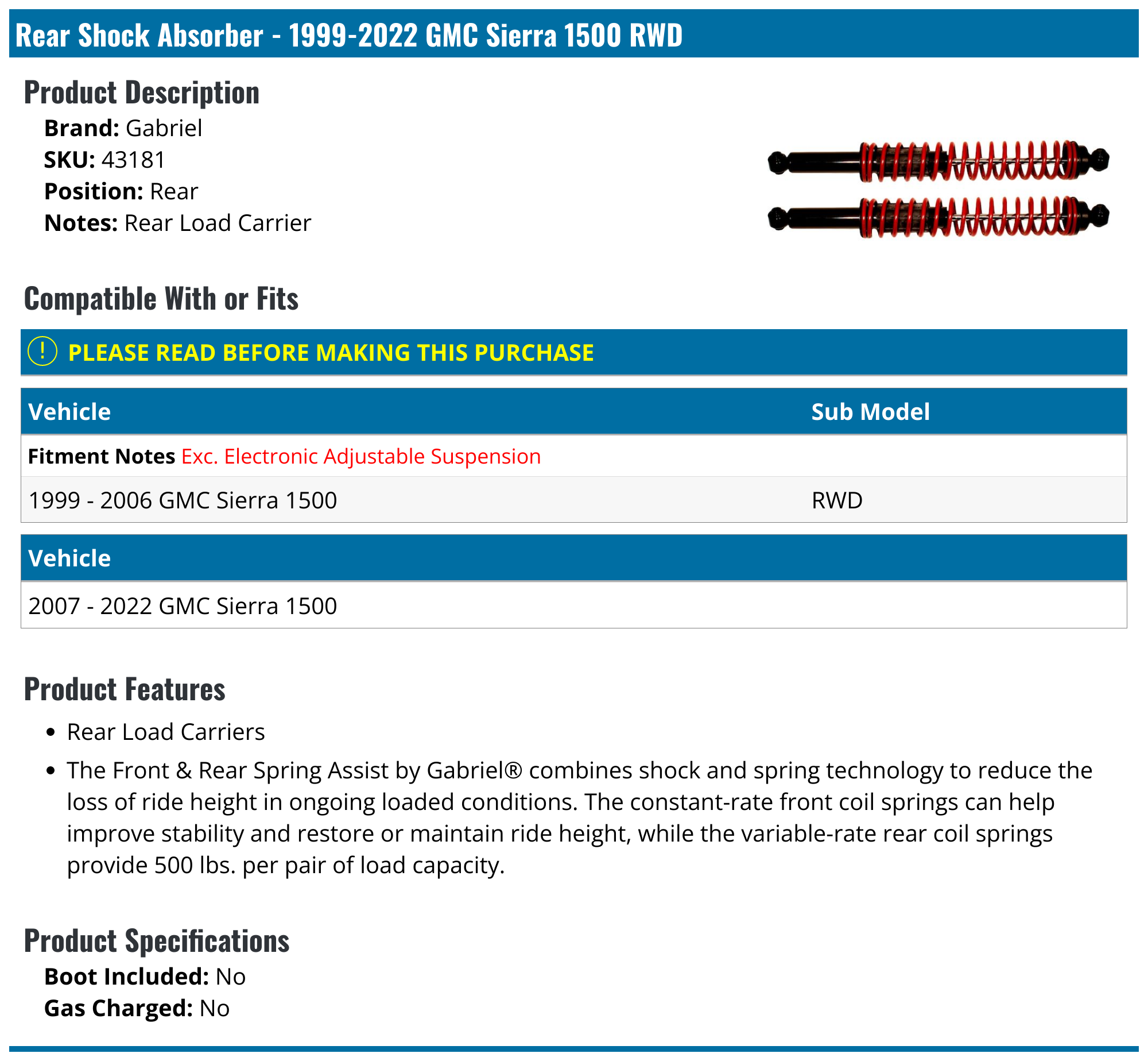 1999-2022 GMC Sierra 1500 Shock Absorber - Gabriel 43181 - Rear ...