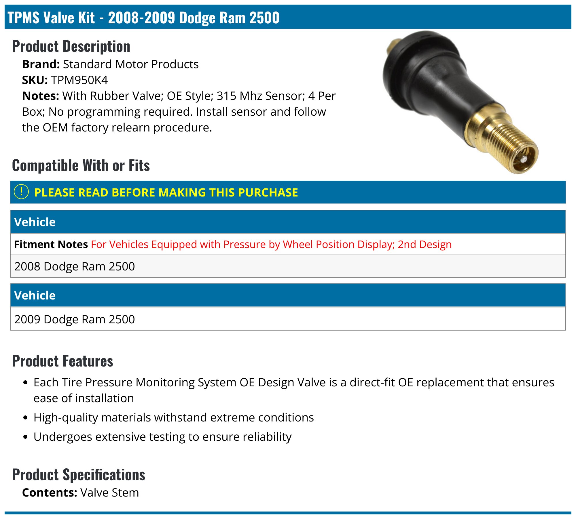 2008-2009 Dodge Ram 2500 TPMS Valve Kit - Standard Motor Products ...