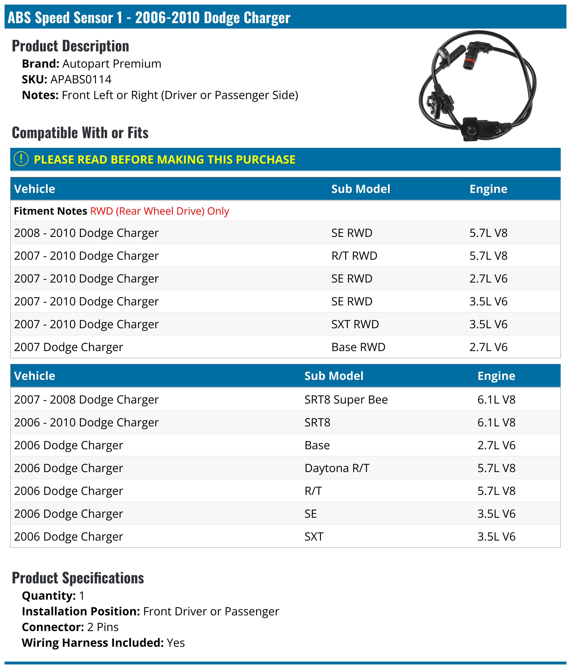 2006-2010 Dodge Charger ABS Speed Sensor - Autopart Premium APABS0114 ...
