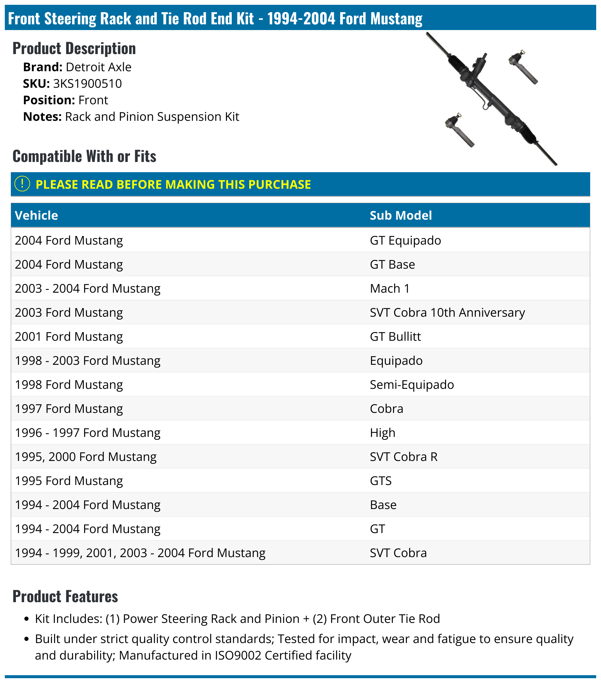 1994-2004 Ford Mustang Steering Rack - Detroit Axle 3KS1900510 - Front ...