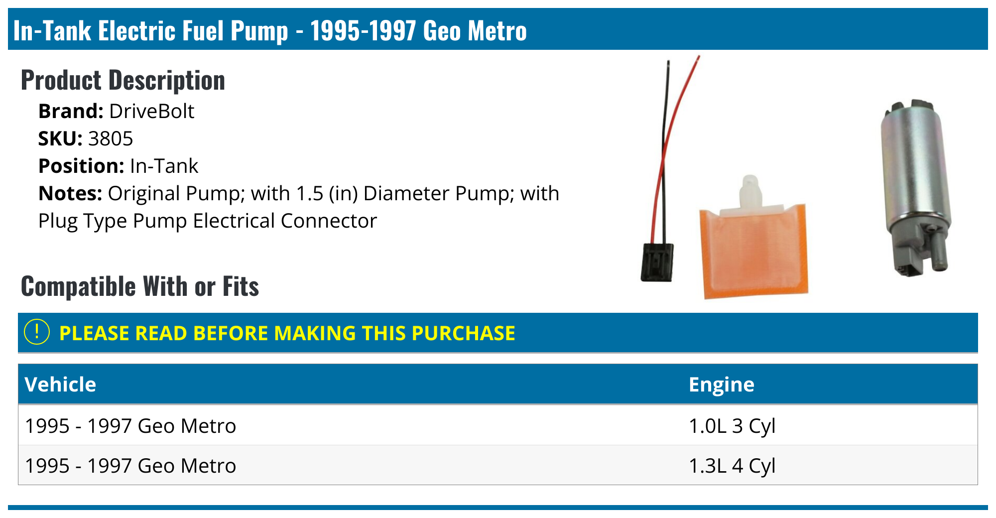 1995-1997 Geo Metro Fuel Pump - DriveBolt 3805 - In-Tank - PartsGeek.com