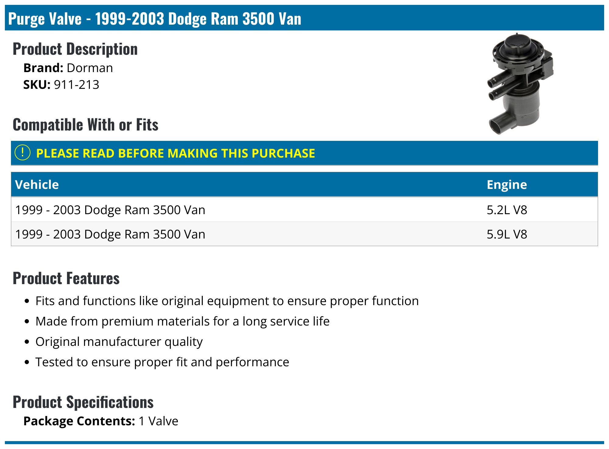 1999-2003 Dodge Ram 3500 Van Purge Valve - Dorman 911-213 - PartsGeek.com