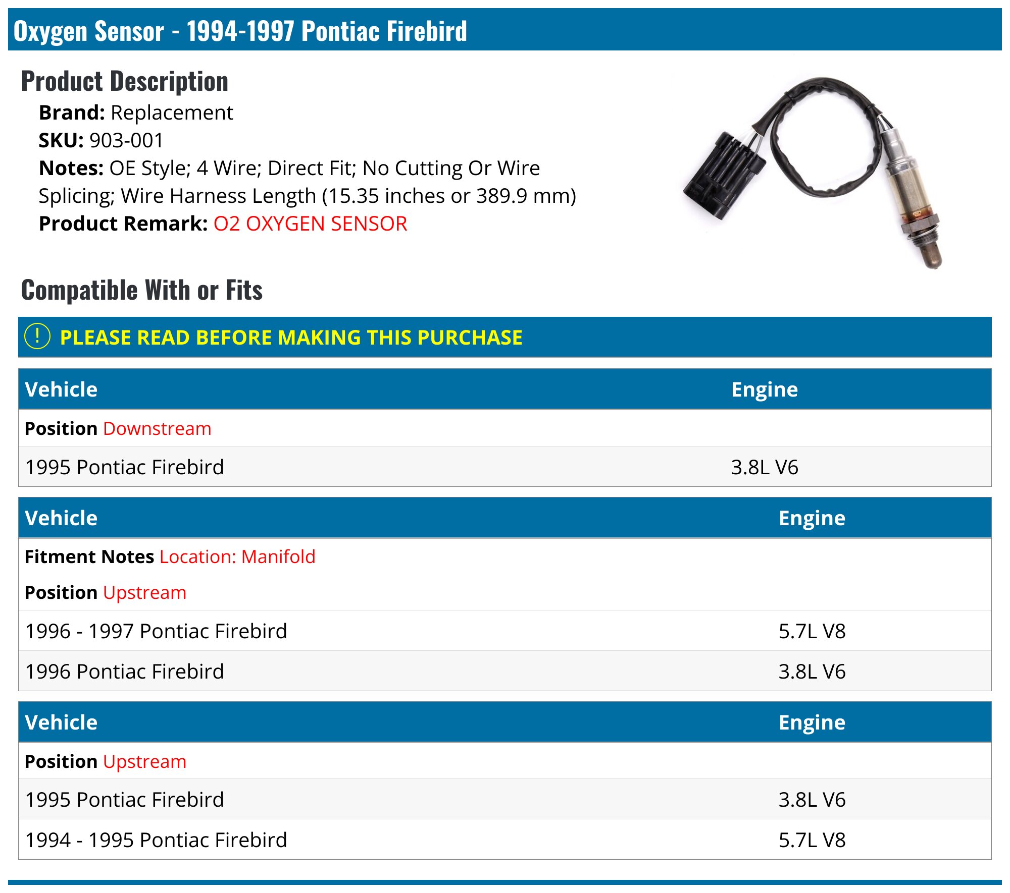 1994-1997 Pontiac Firebird Oxygen Sensor - Replacement 903-001 ...